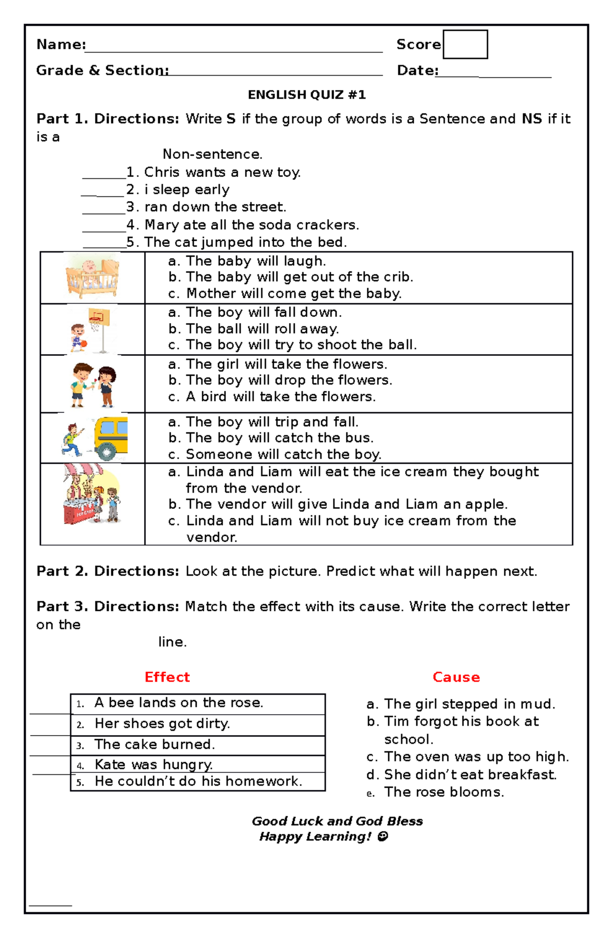 Quiz #1 - Essay - Name: Score: Grade & Section: Date: ENGLISH QUIZ Part ...