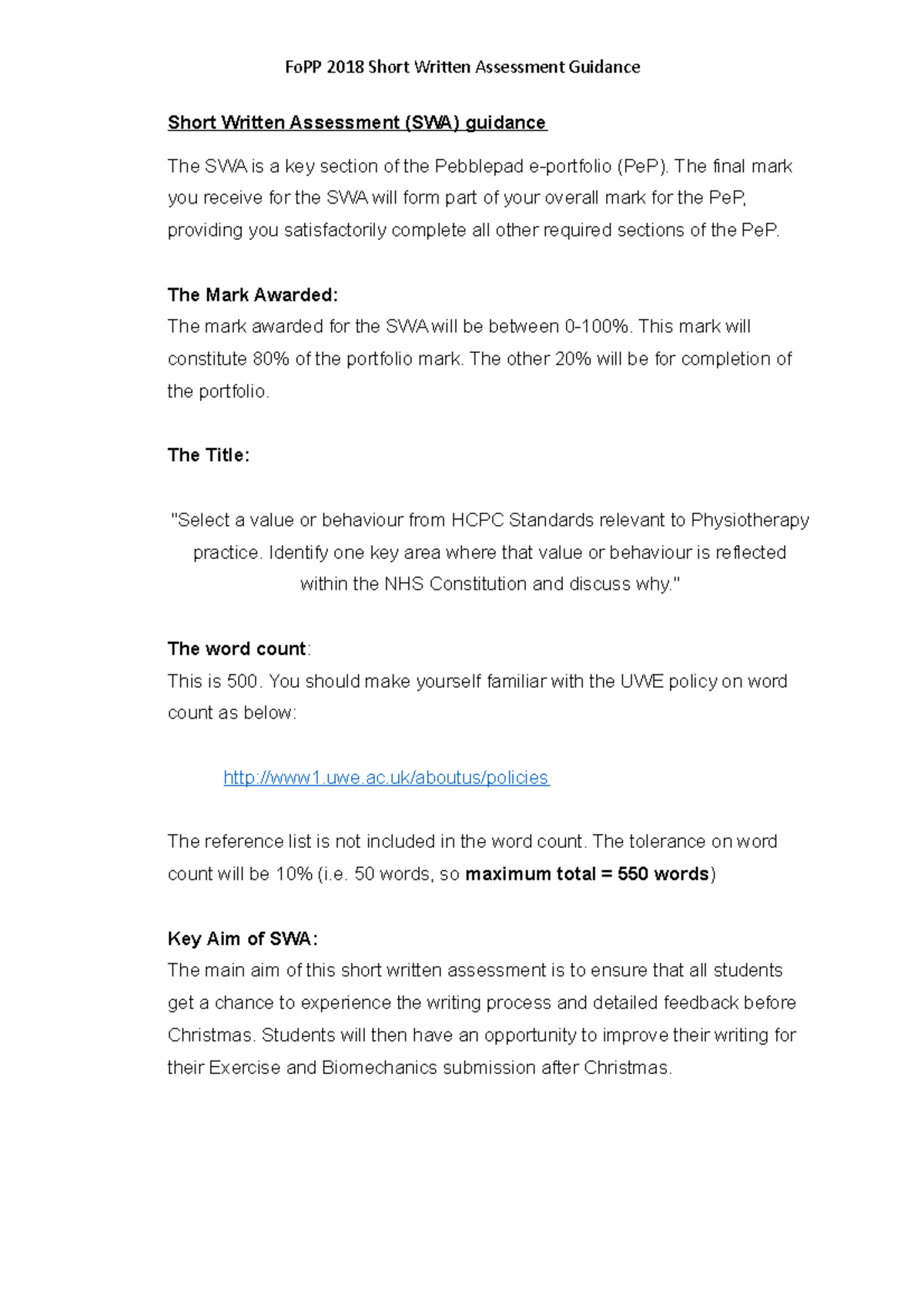 Short Written Assignment Guidance (2018 ) - Short Written Assessment ...