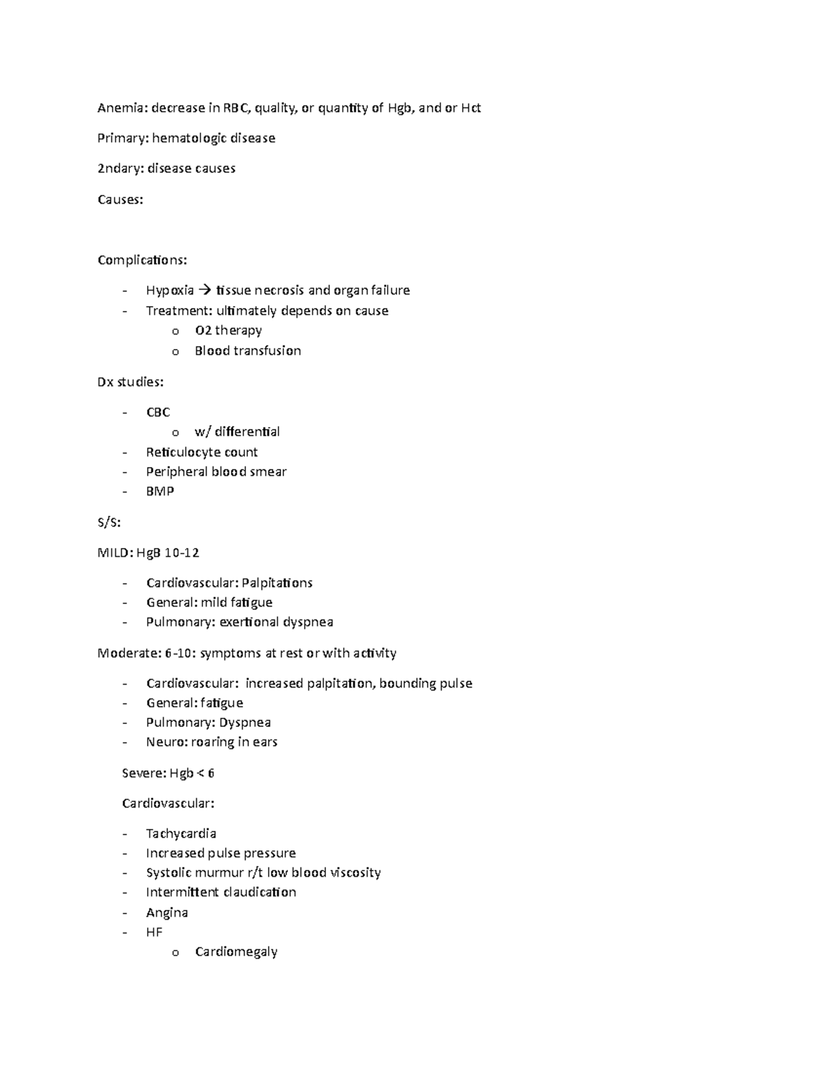 Anemia - notes - Anemia: decrease in RBC, quality, or quantity of Hgb ...