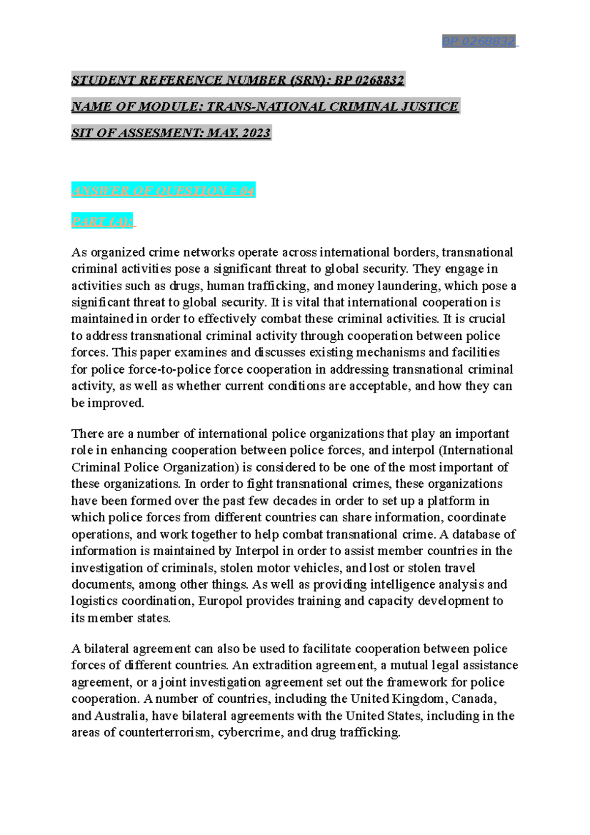 Trans-national criminal justice - STUDENT REFERENCE NUMBER (SRN): BP ...
