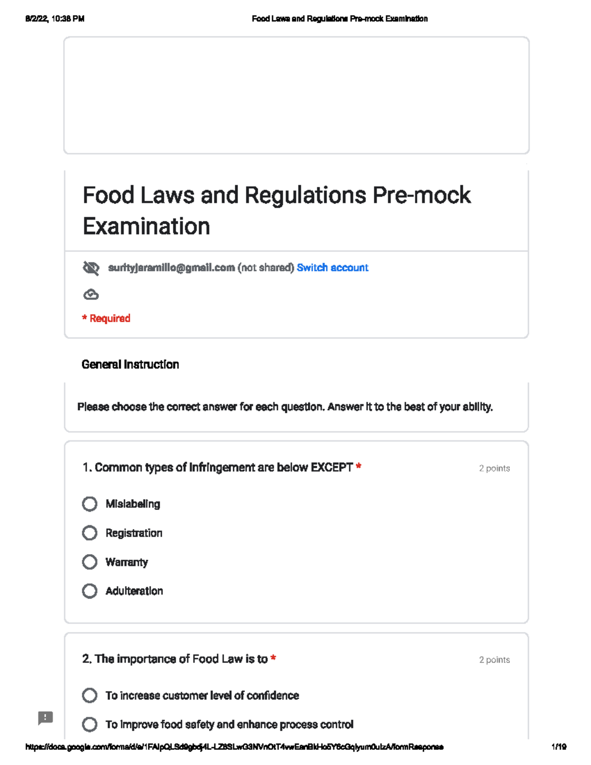 Food Laws and Regulations Pre-mock Examination - Food Safety and ...