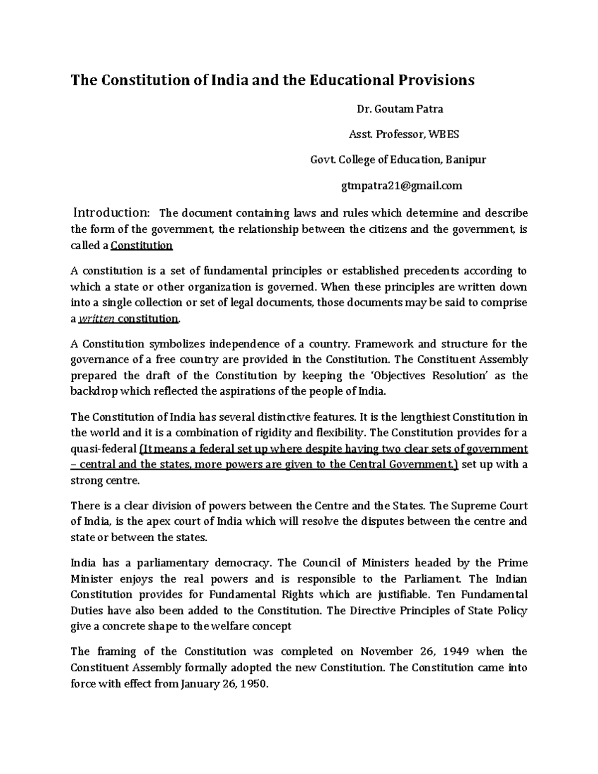 Educational Provisions in the Constitutions - The Constitution of India ...
