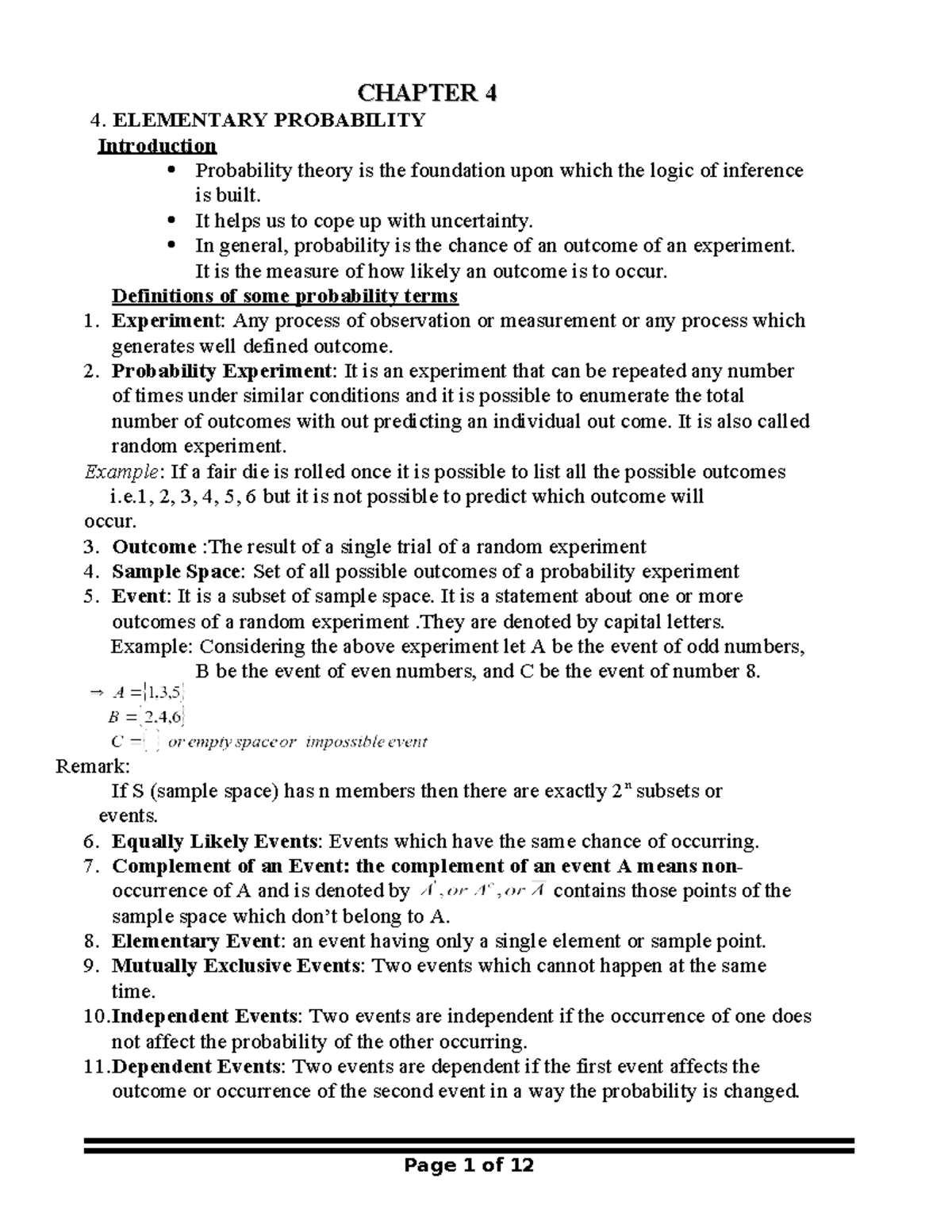Wiz4 - good - CHAPTER 4CHAPTER 4 4. ELEMENTARY PROBABILITY Introduction Probability theory is ...