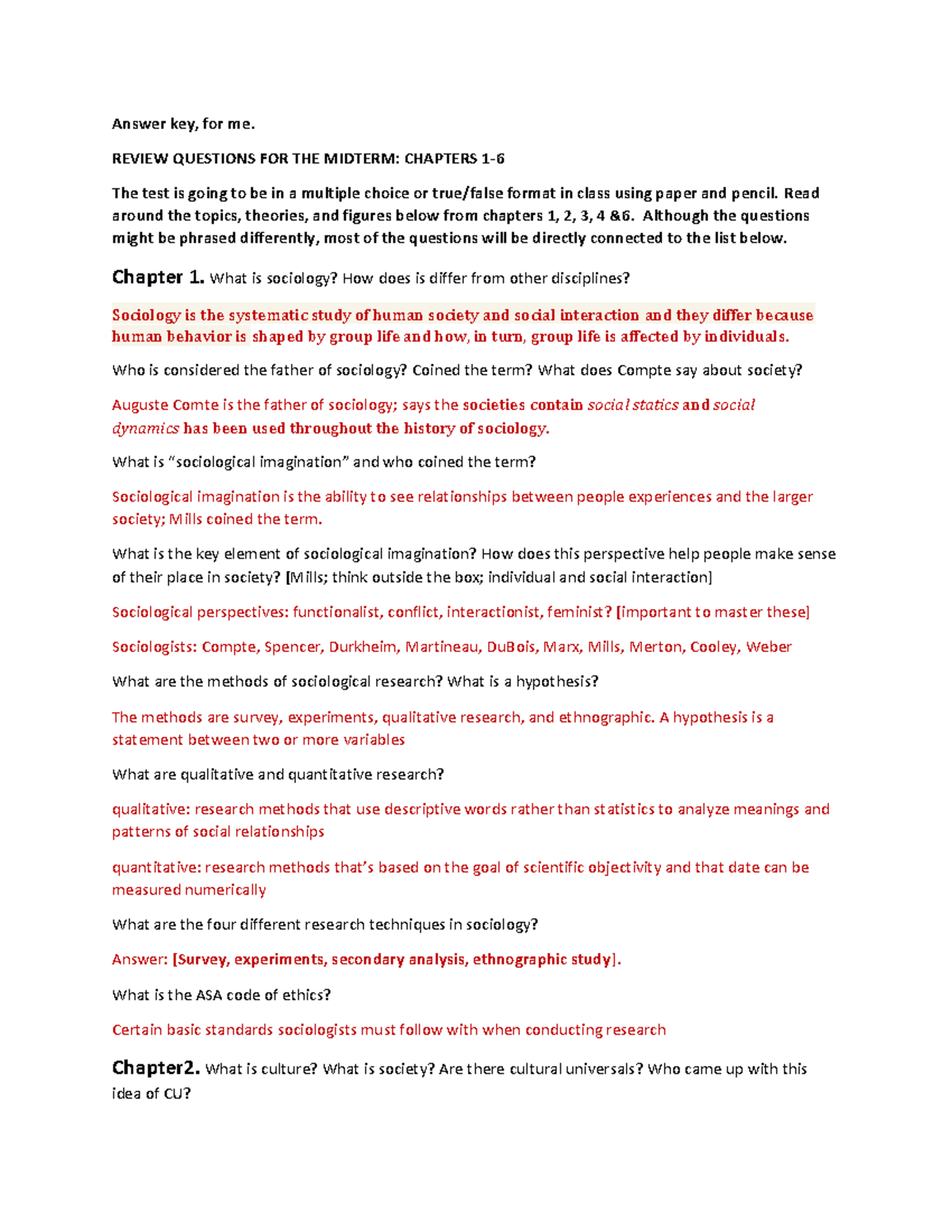 Midterm review questions soc 101 - Answer key, for me. REVIEW QUESTIONS FOR THE MIDTERM ...