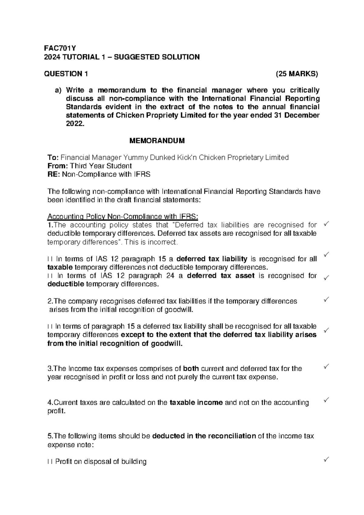 FAC701Y - 2024 Tutorial 1 - Suggested solution - FAC701Y 2024 TUTORIAL ...
