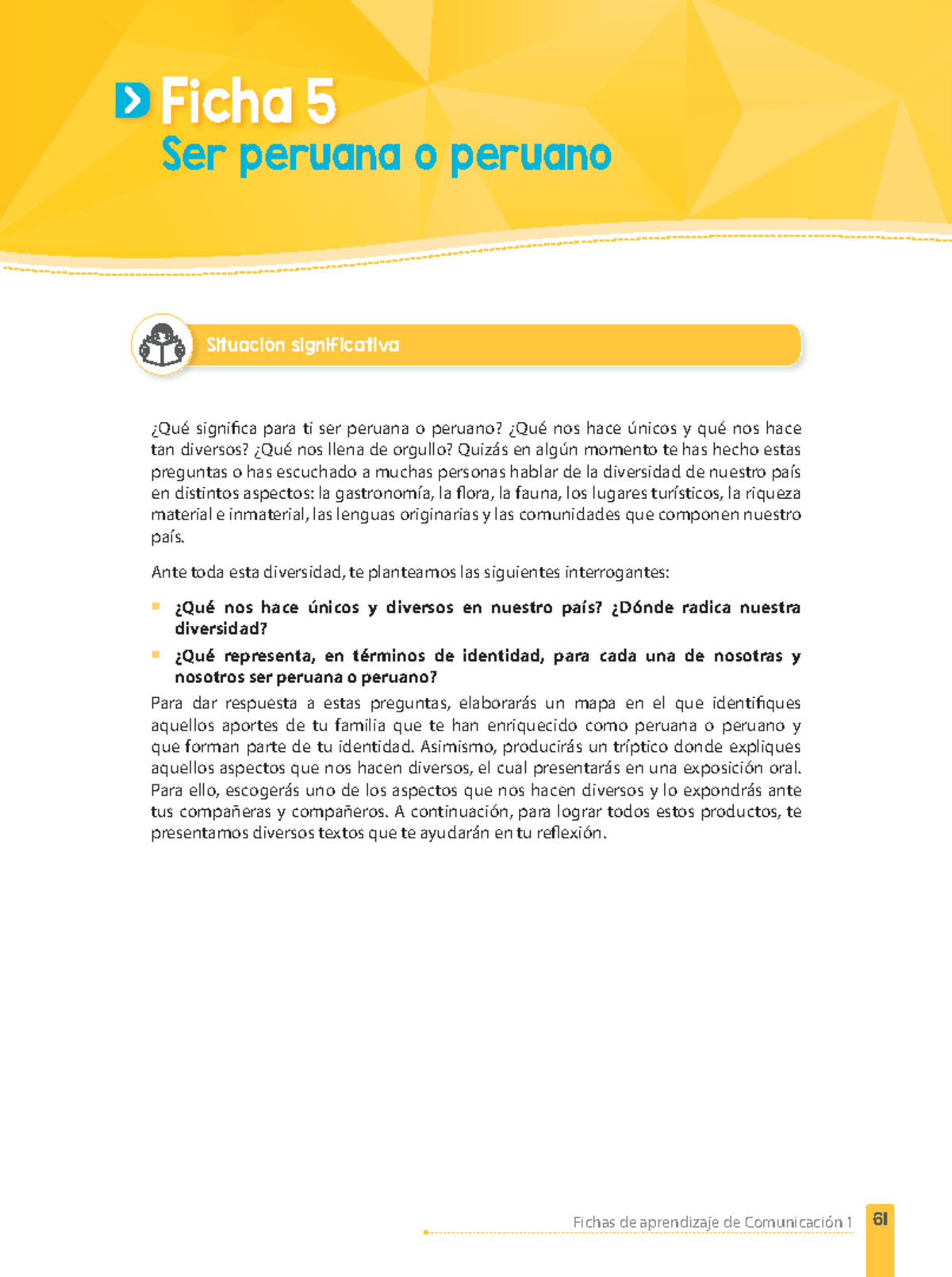 Texto Peruano - 61 Ficha Fichas de aprendizaje de Comunicación 1 ¿Qué ...