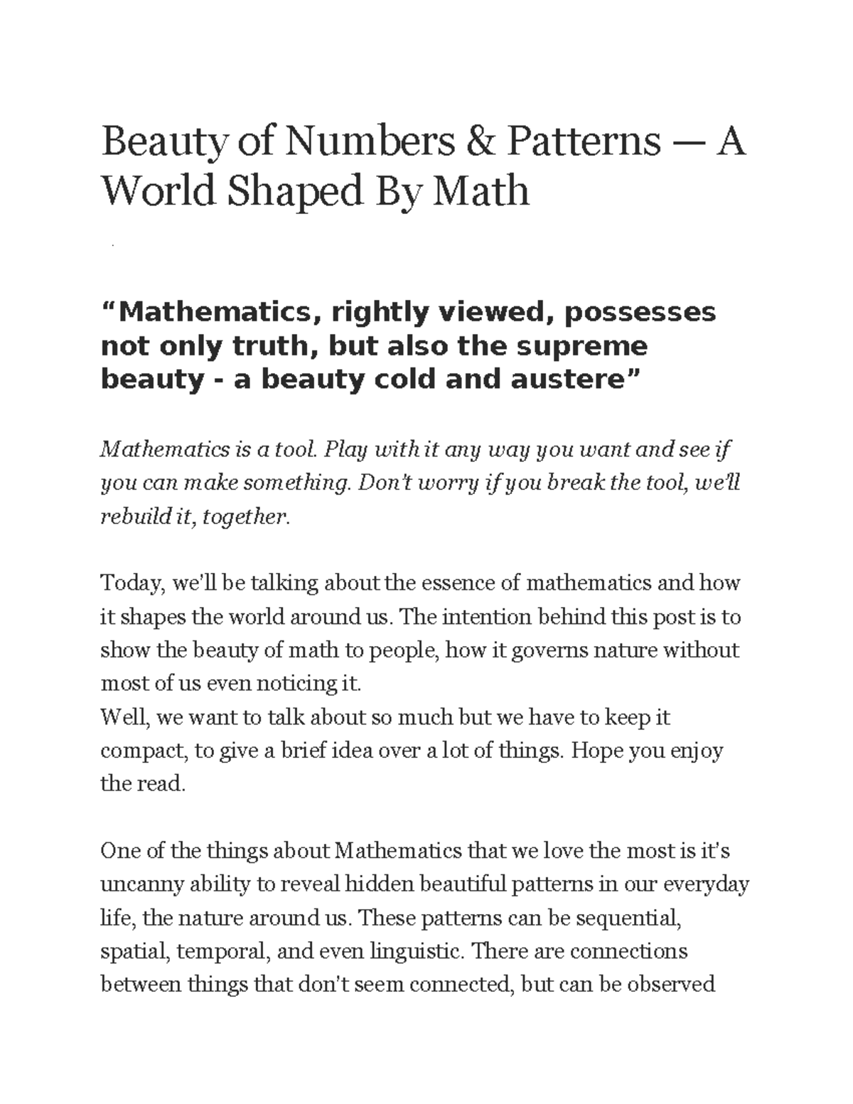 Mathematics in the modern world book for freshman - Beauty of Numbers ...