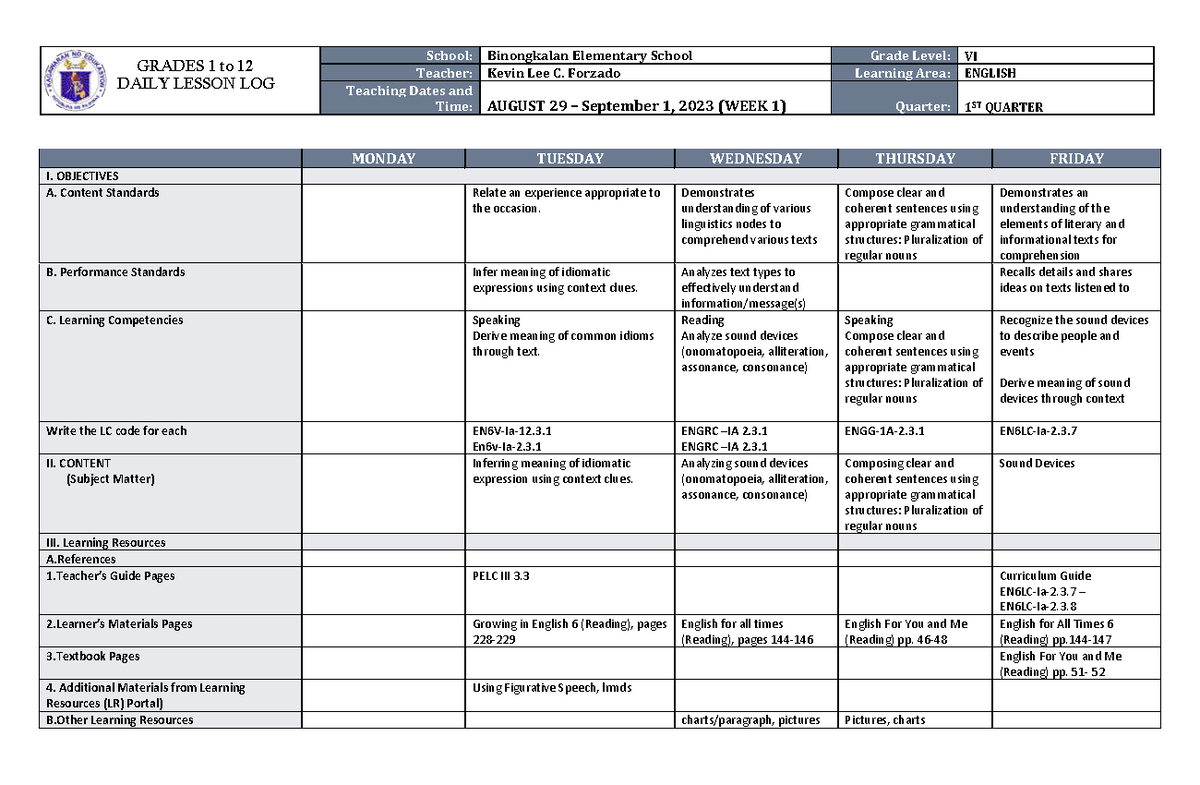 DLL English 6 Q1 W1 - done - GRADES 1 to 12 DAILY LESSON LOG School: Binongkalan Elementary ...