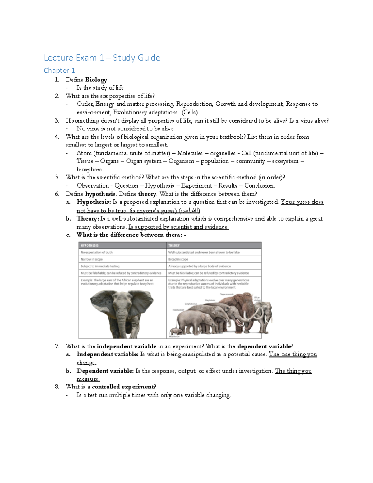 Bio Lec Exam1 Review Sheet-2 - Lecture Exam 1 – Study Guide Chapter 1 Define Biology. Is the ...