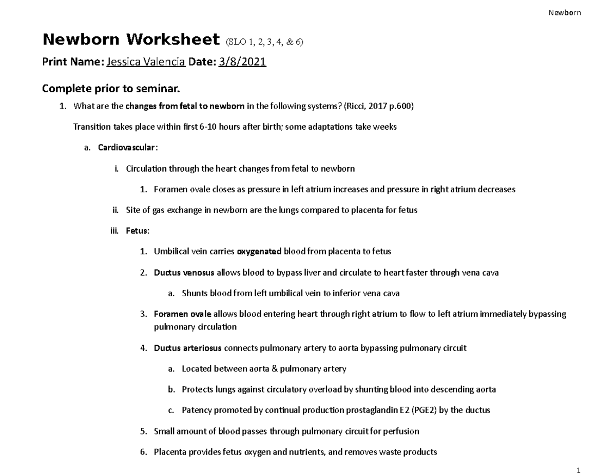 N12 newborn worksheet - Newborn Worksheet (SLO 1, 2, 3, 4, & 6) Print ...