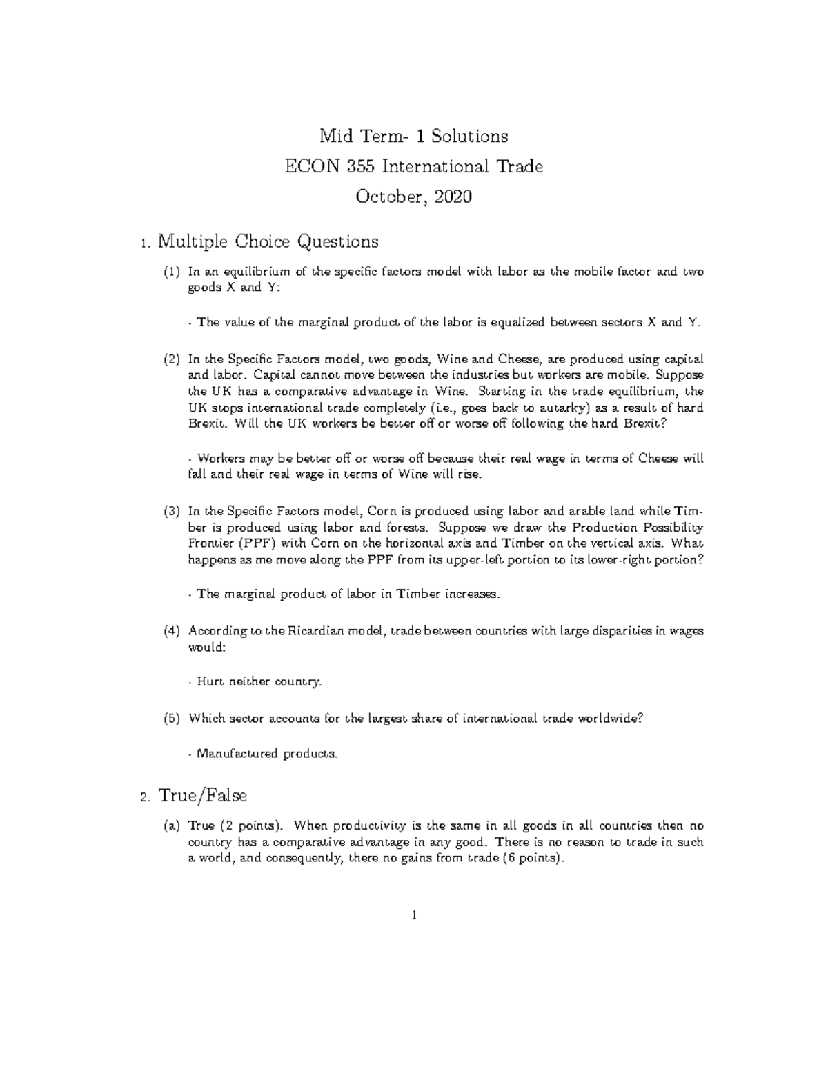 Solutions mid term 1 sample quiz for 2020 - Mid Term- 1 Solutions ECON ...