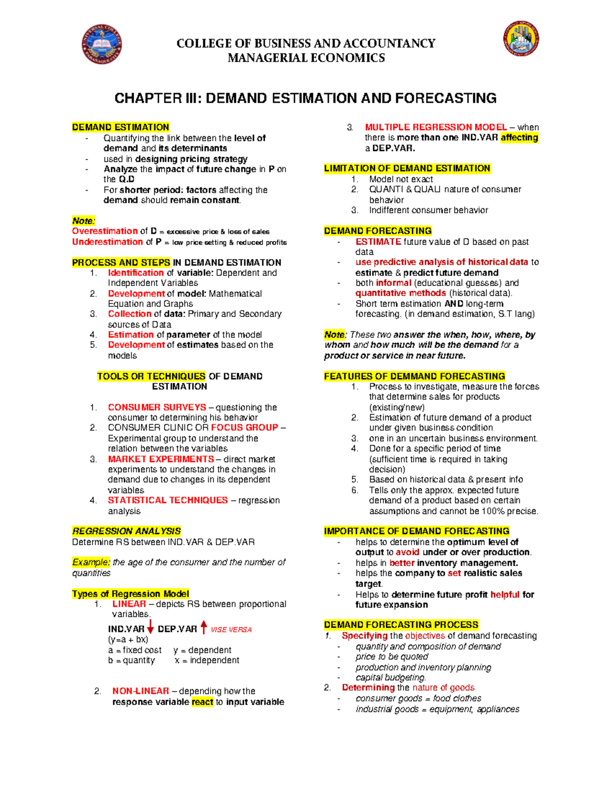 Managerial Reviewer - Midterm - MANAGERIAL ECONOMICS CHAPTER III: DEMAND ESTIMATION AND ...