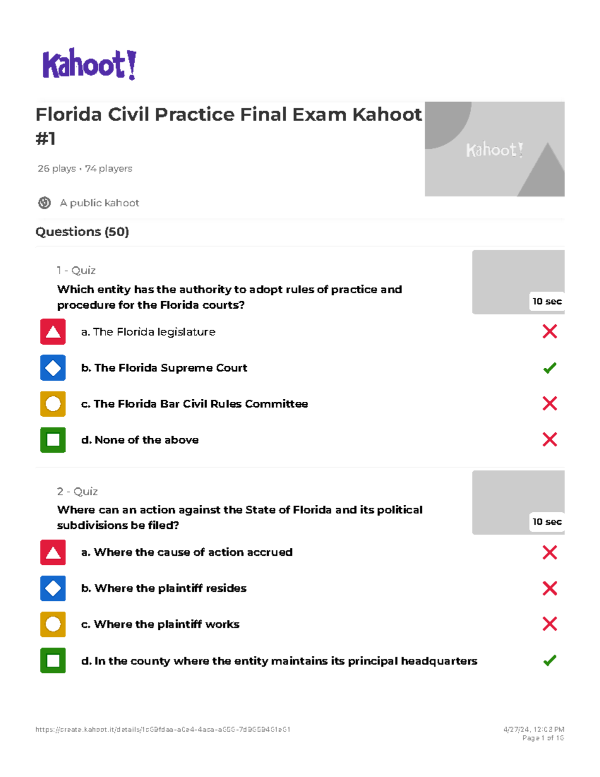 Florida Civil Practice Final Exam Kahoot #1 - Details - Kahoot ...