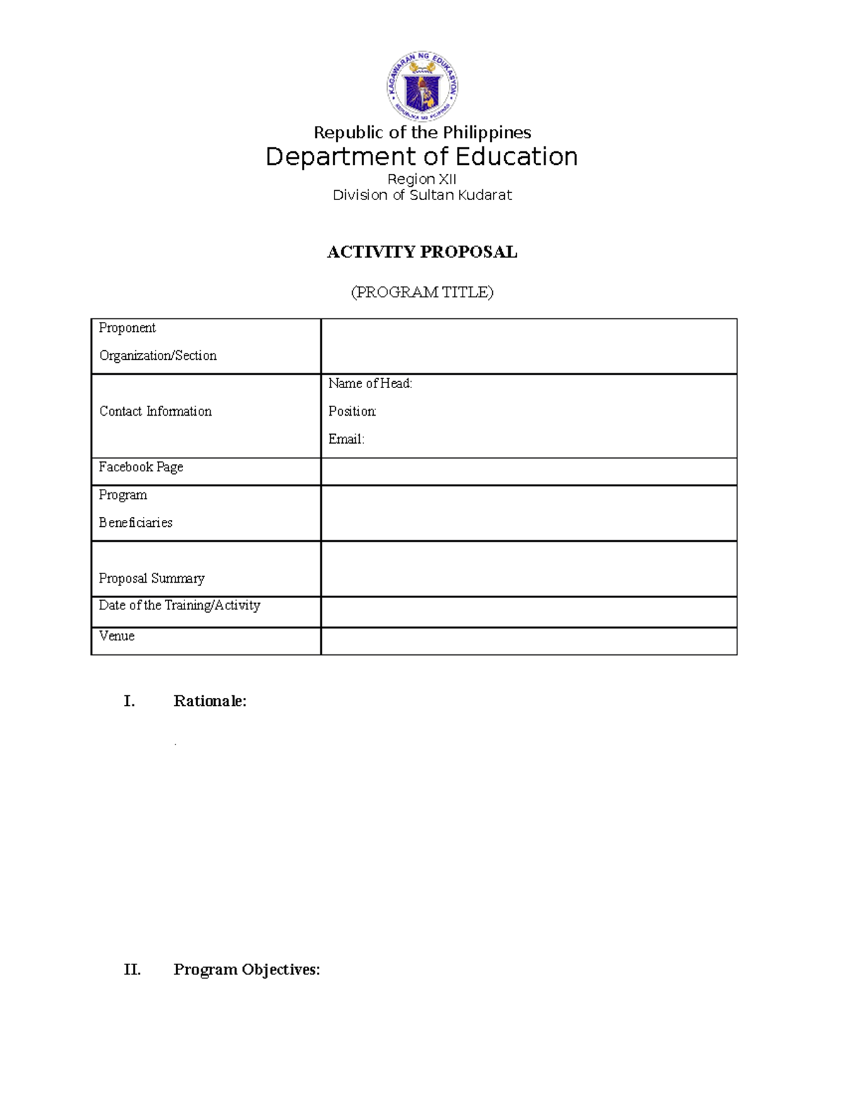 Activity Proposal Format - Department of Education Region XII Division ...