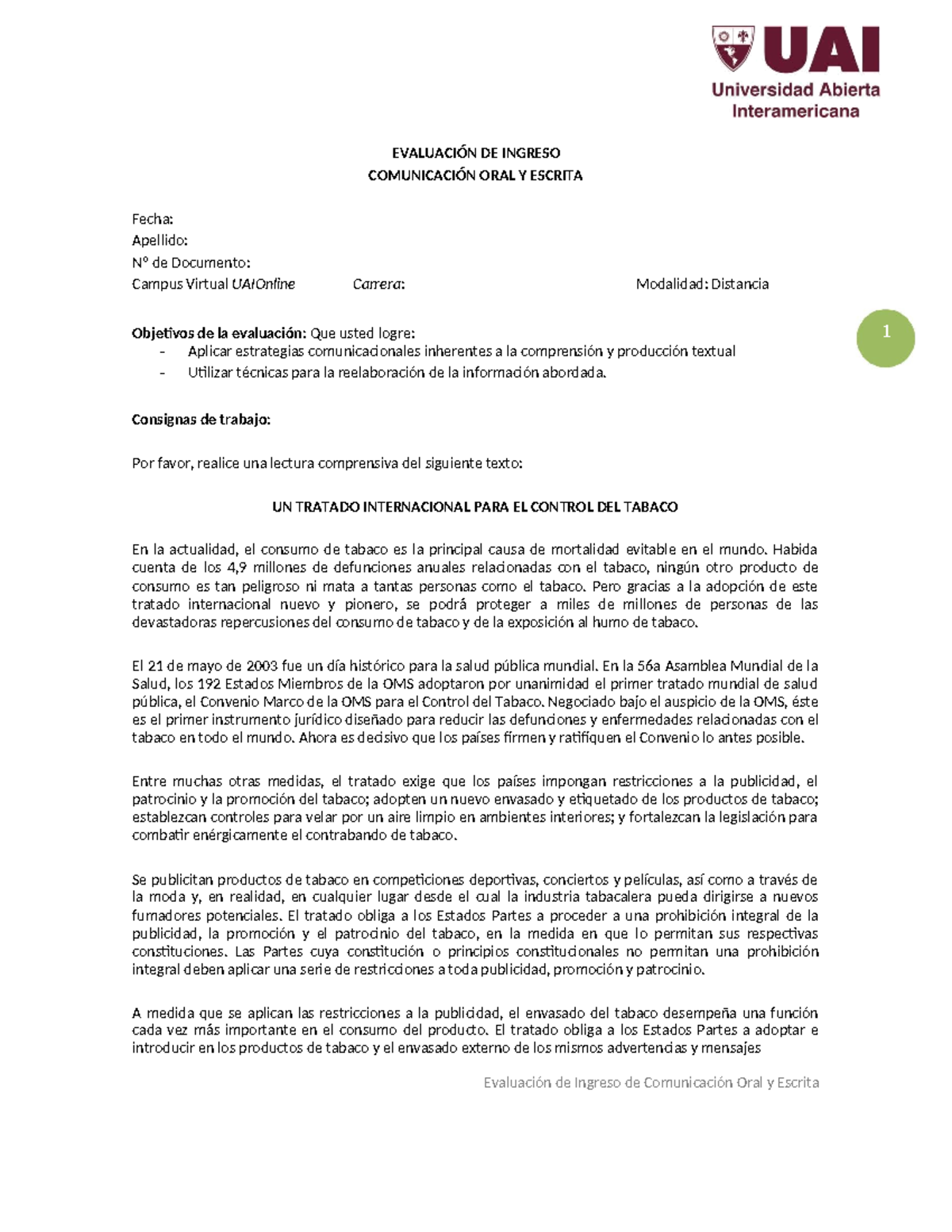Examen de COy E - EVALUACIÓN DE INGRESO COMUNICACIÓN ORAL Y ESCRITA ...