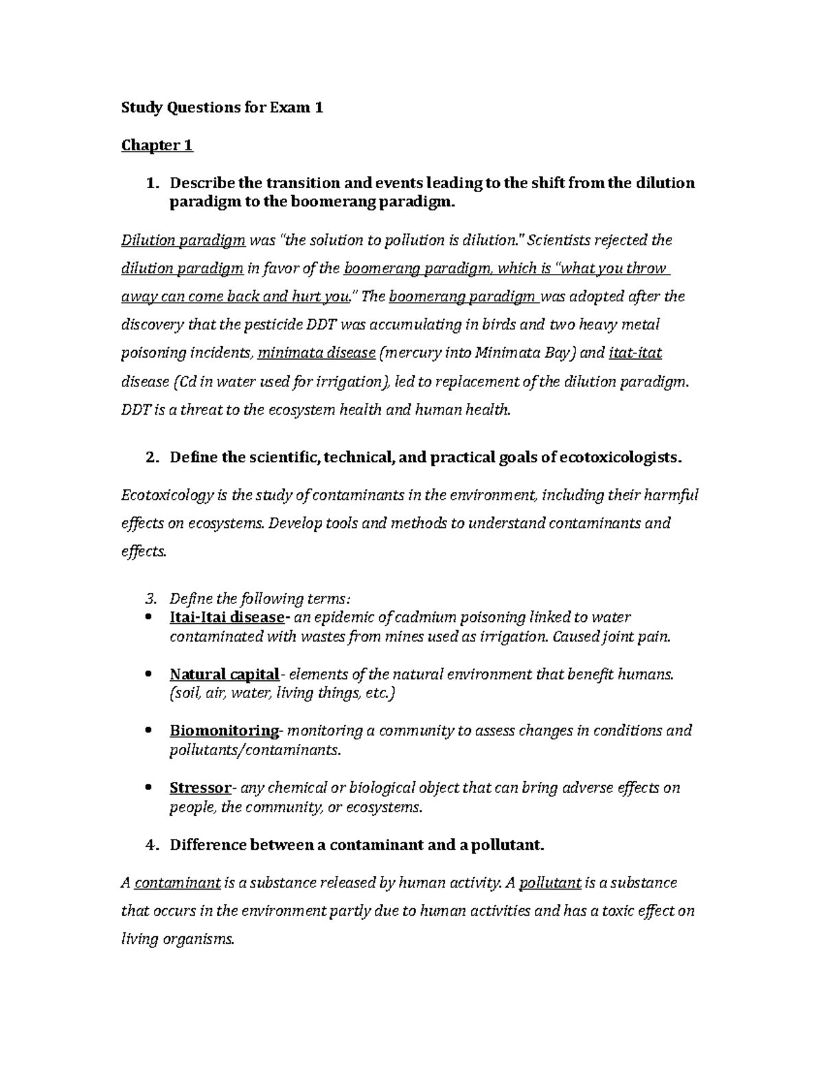 Study Questions for TOX Exam 1 - Study Questions for Exam 1 Chapter 1 1 ...