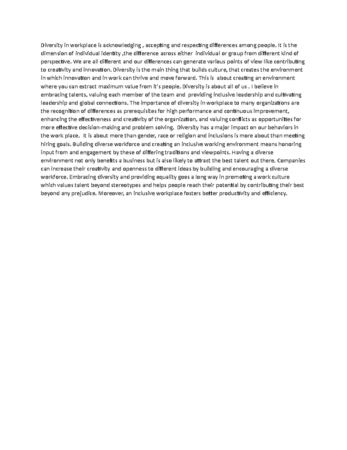 Diversity in workplace is acknowledging - It is the dimension of ...