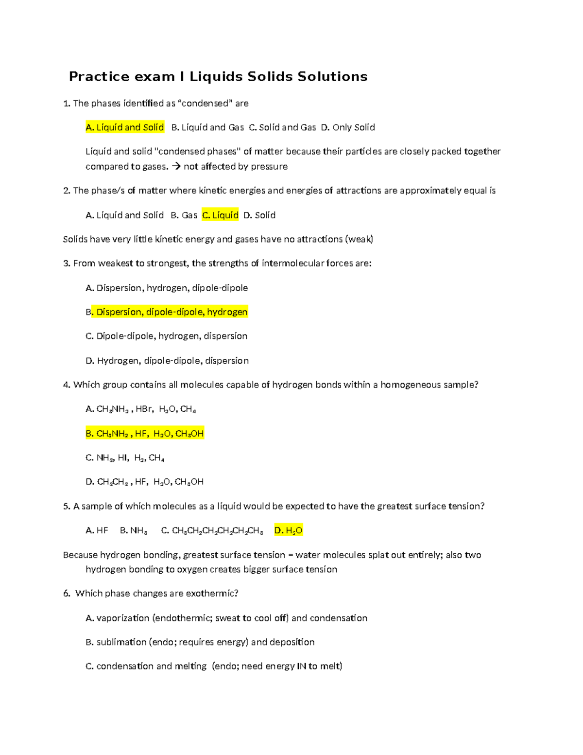 CHEM 122 Practice Exam I - Practice exam I Liquids Solids Solutions The phases identified as ...