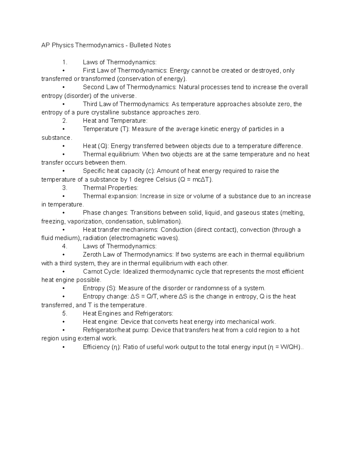 Physics Notes 3 - AP Physics Thermodynamics - Bulleted Notes Laws of ...