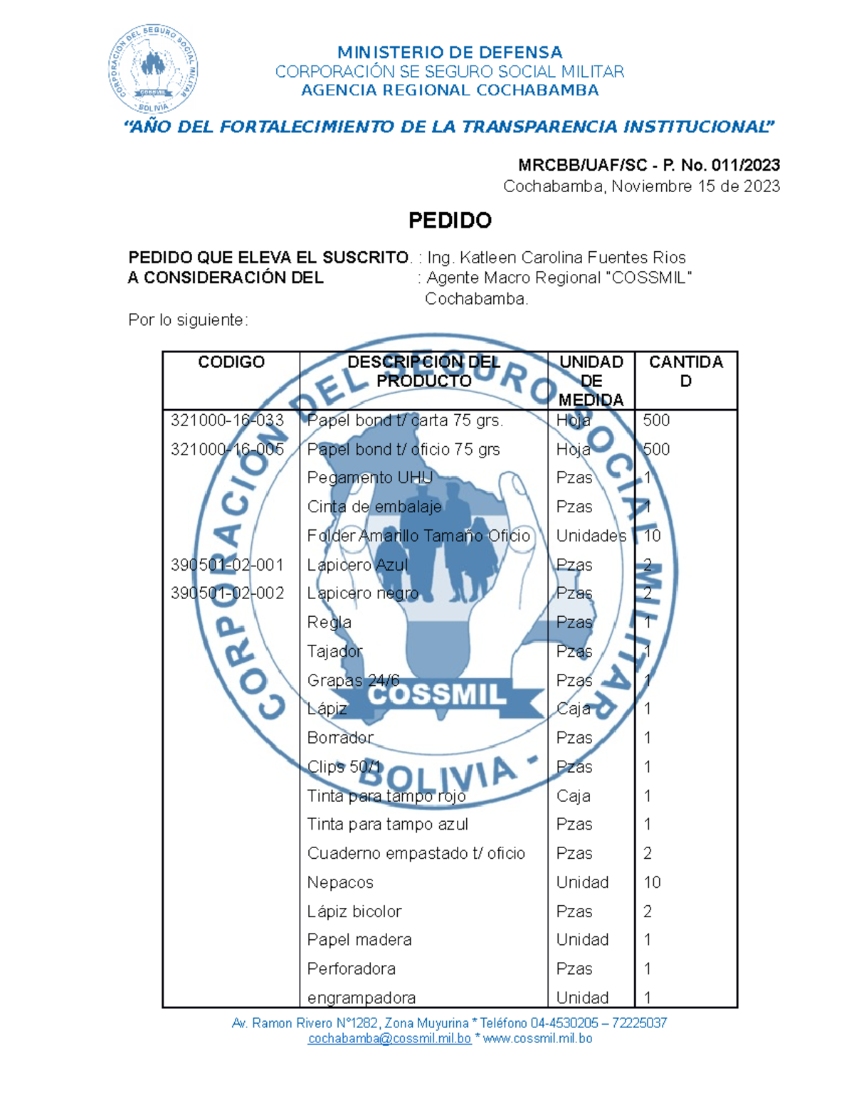 11 Pedido Archivador, Papel Y Otros - CORPORACIÓN SE SEGURO SOCIAL ...