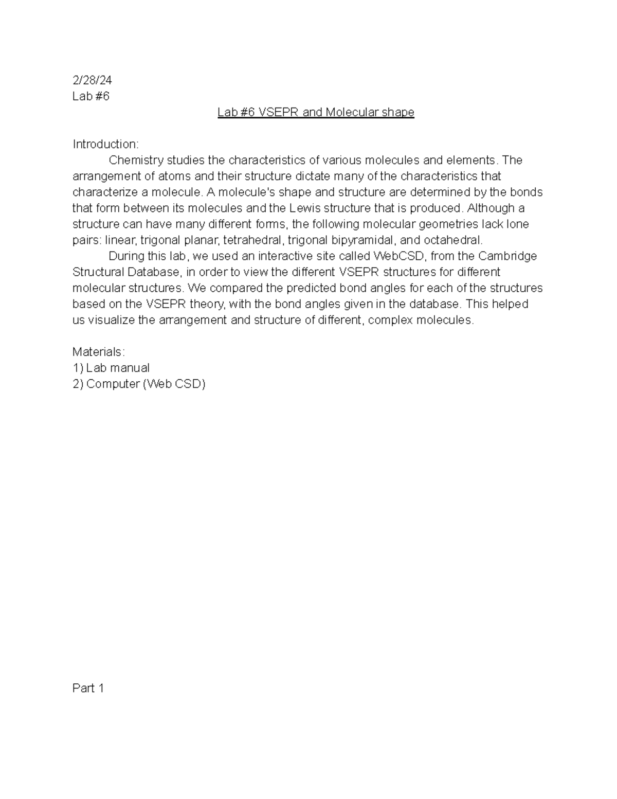 Lab 6 Lab 6 Report 2 28 Lab Lab 6 Vsepr And Molecular Shape Introduction Chemistry