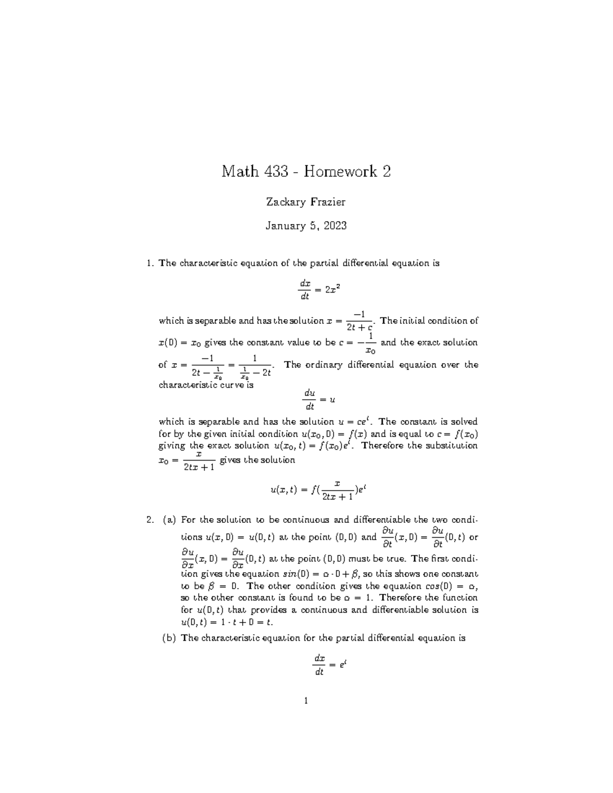 Math 433 Homework 2 - Assignment with solutions solving the transport equation with the method ...