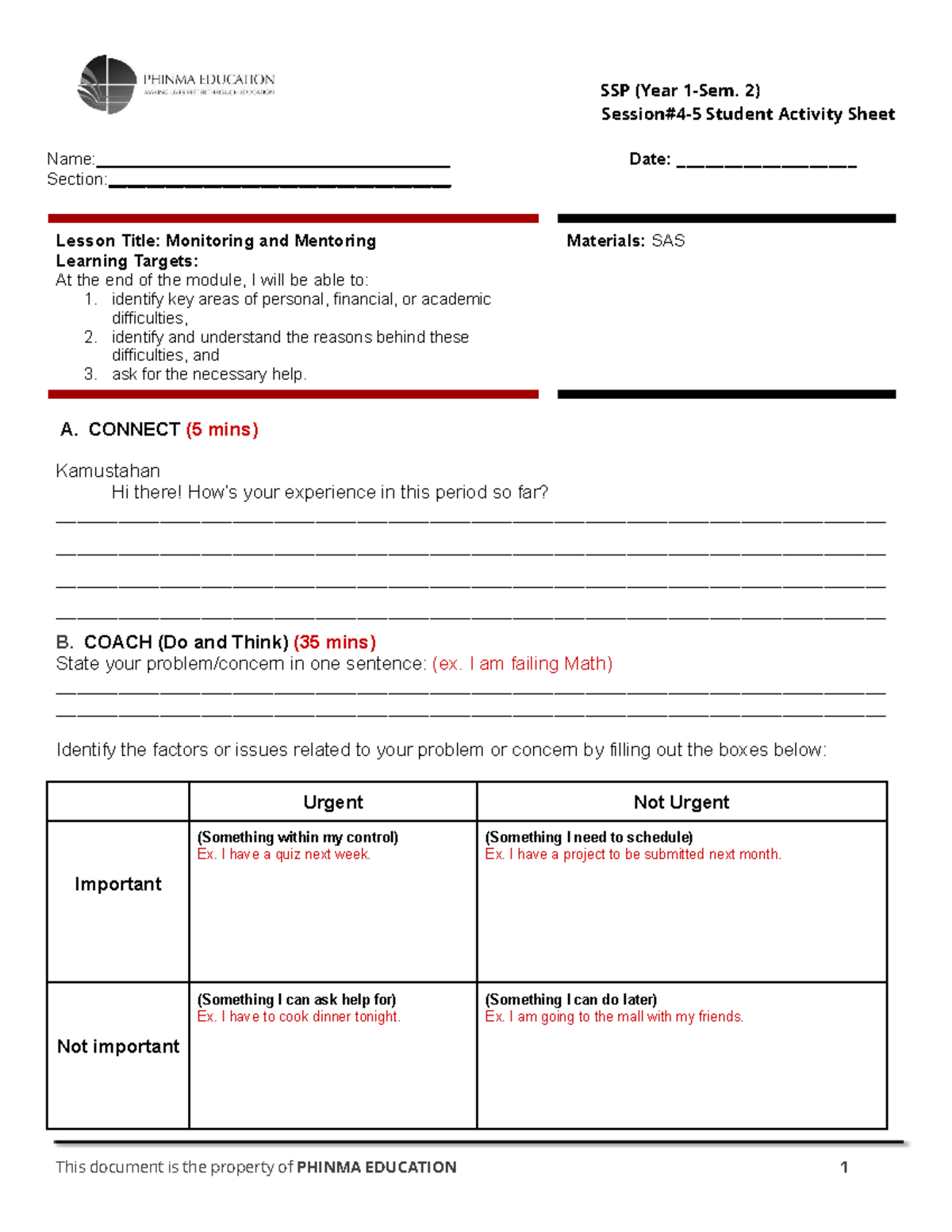 1) Monitoring and Mentoring SAS Session 4 - SSP (Year 1-Sem. 2) Session#4-5 Student Activity ...