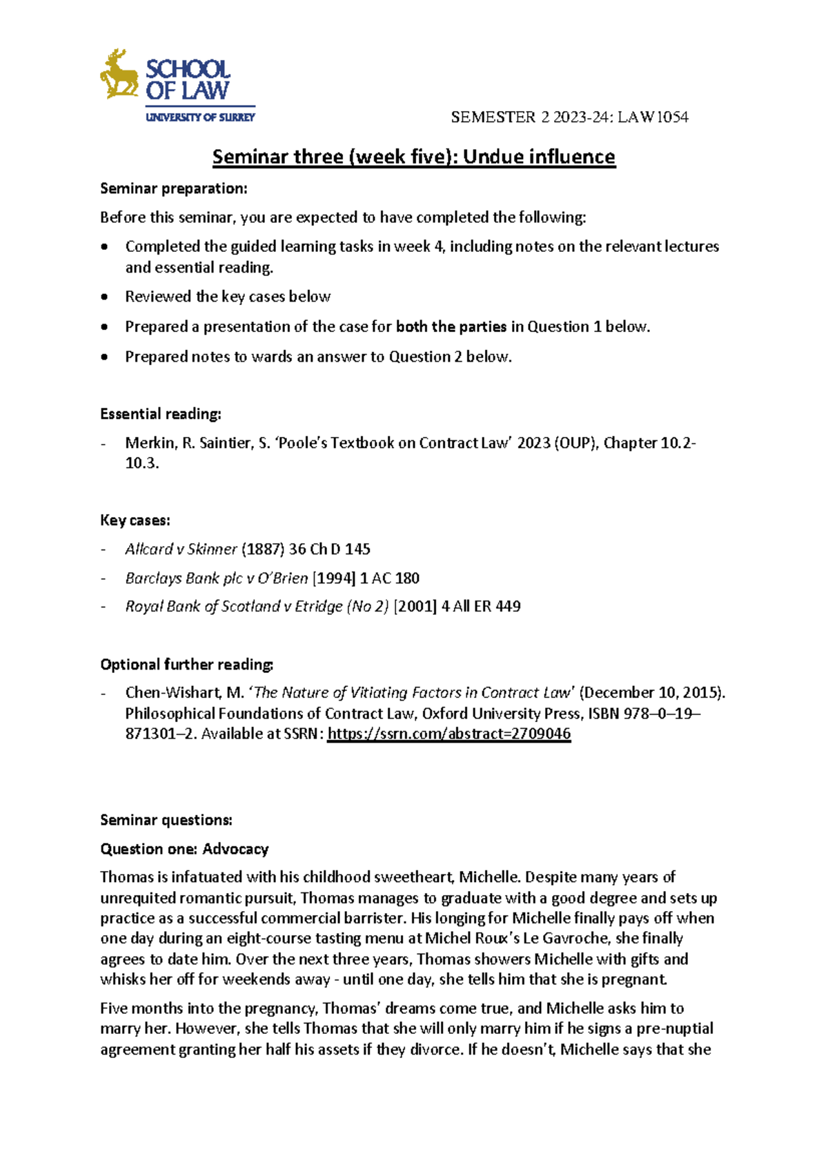 Seminar three worksheet 2024 - SEMESTER 2 2023 - 24 : LAW10 54 Seminar ...