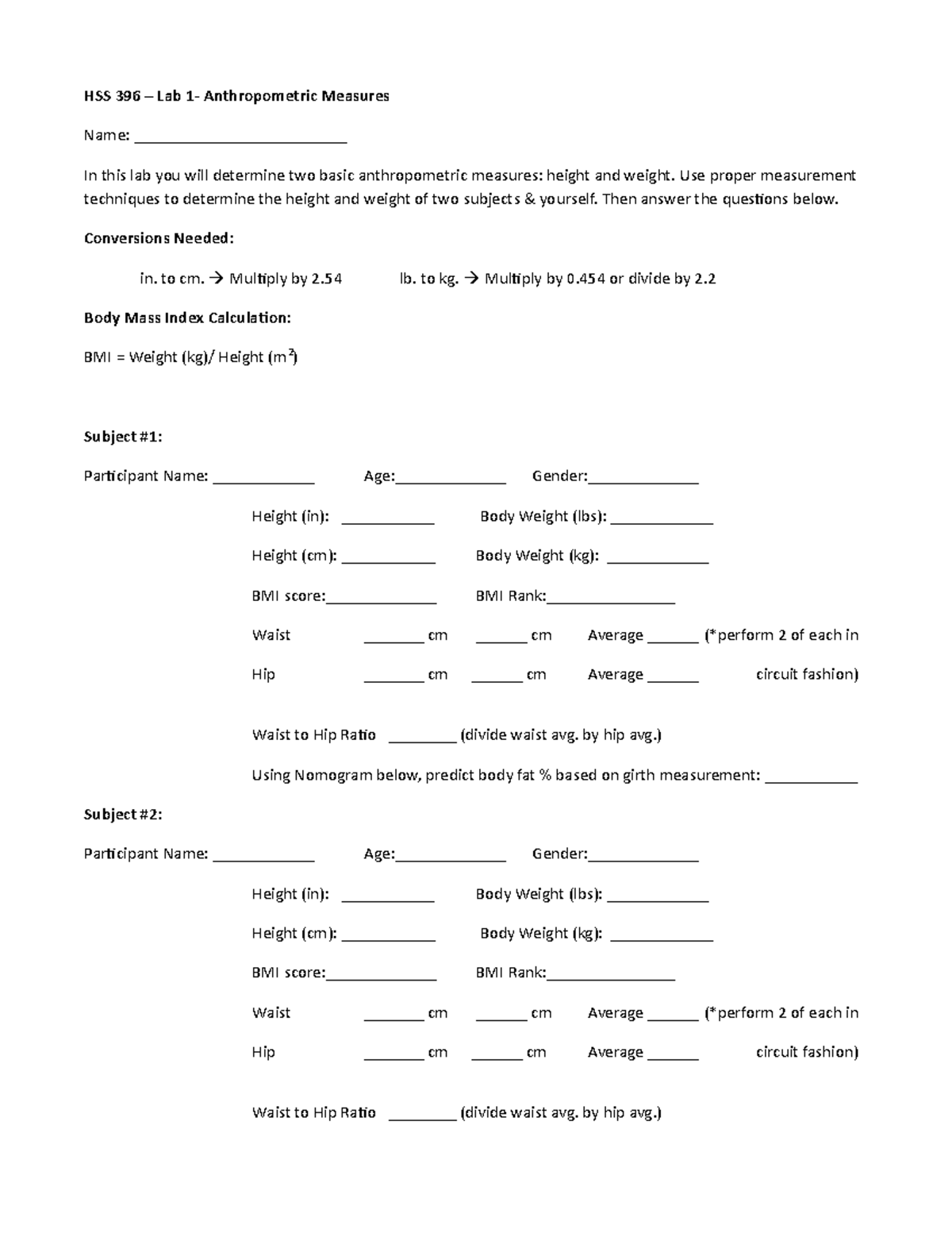 Lab 1- Anthropometric Measurements - HSS 396 – Lab 1- Anthropometric ...