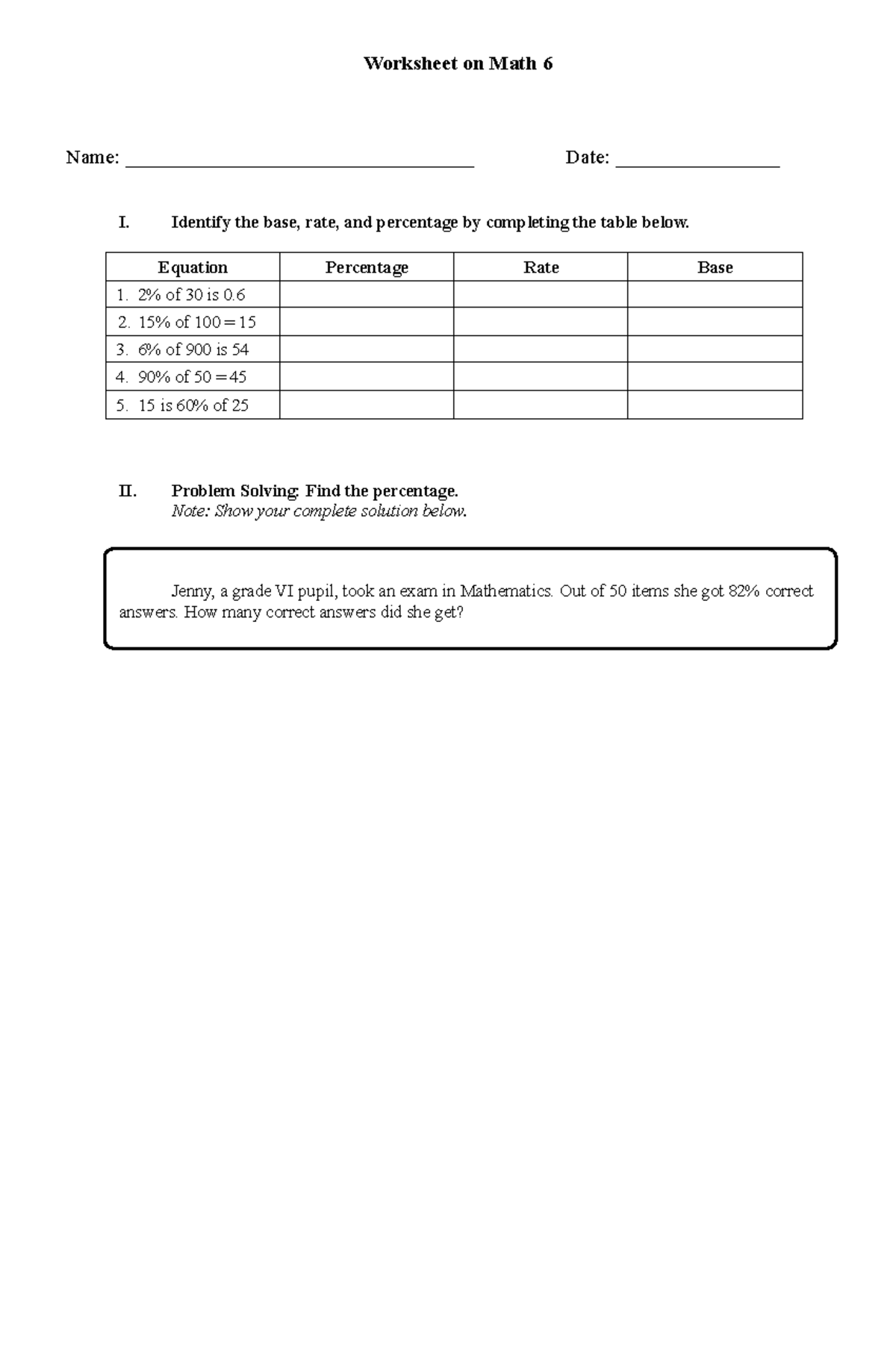 Worksheet on Math 1 - Identify the base, rate, and percentage by ...