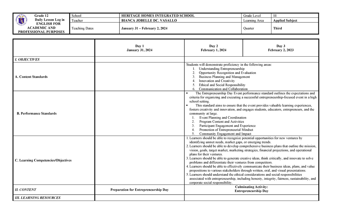 Jan. 31 - Feb. 2 DLL EAPP - DLL - Grade 12 Daily Lesson Log in ENGLISH ...