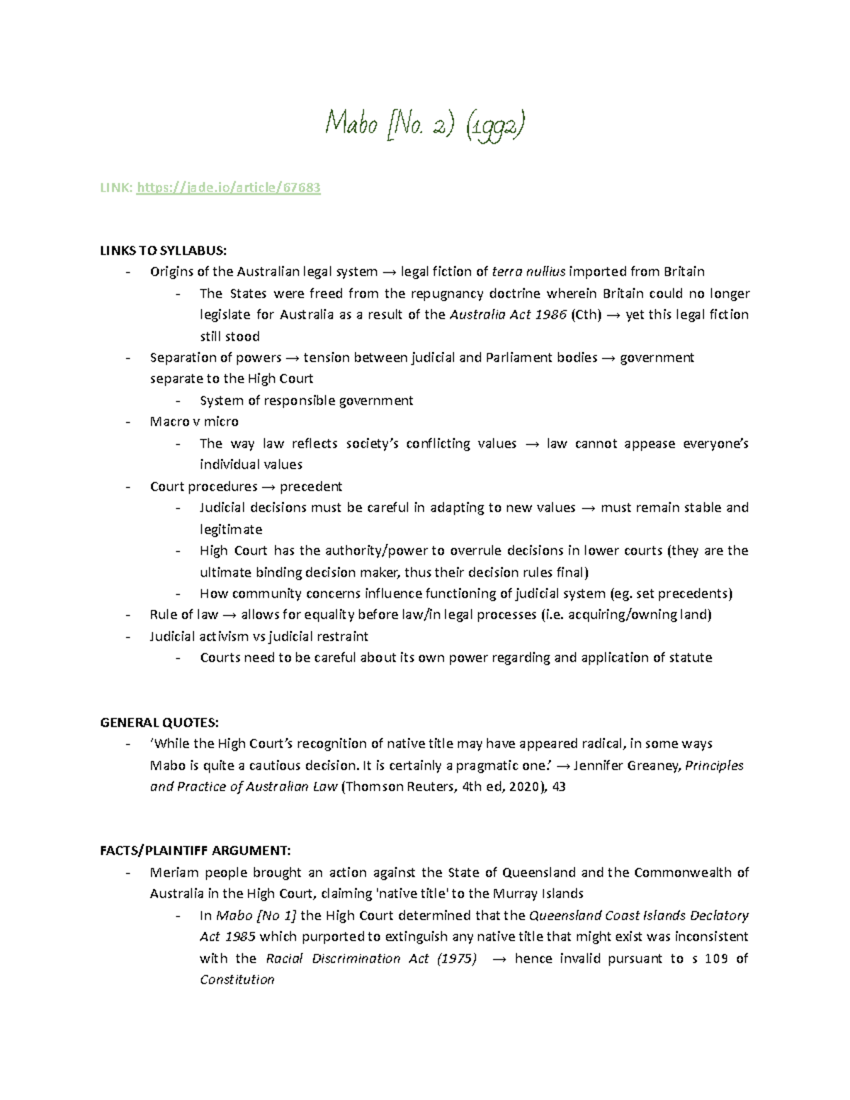 LLB1110 Case Summary - Mabo [No. 2] (1992) - Mabo [No. 2] (1992) LINK ...