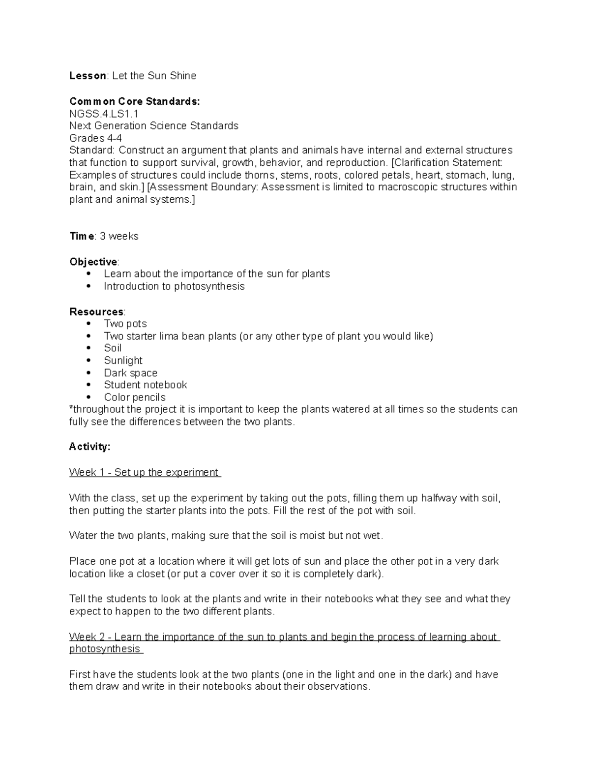 Photosynthesis activity - Lesson: Let the Sun Shine Common Core ...