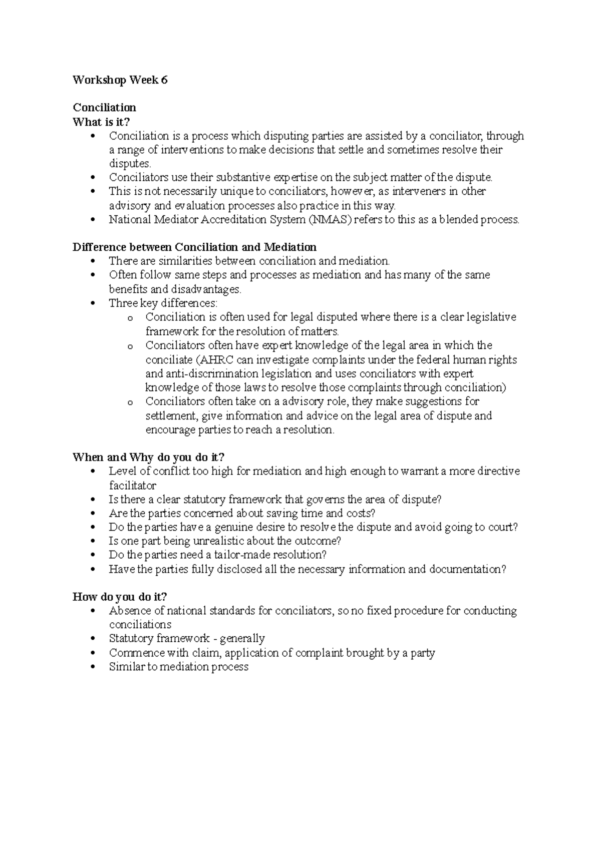 Workshop Week 6 - Doris Bozin - Workshop Week 6 Conciliation What is it ...