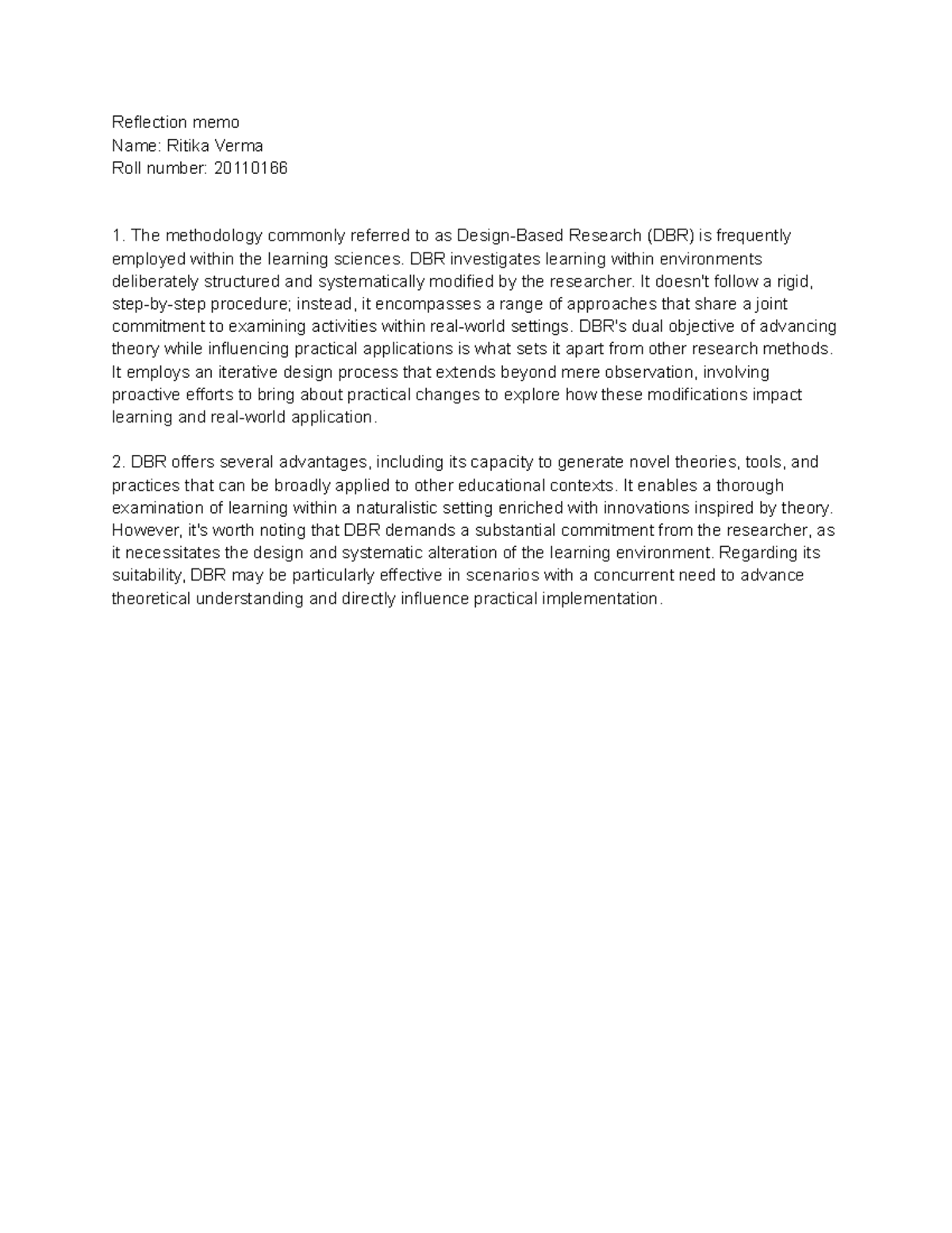 Reflection memo - Reflection memo Name: Ritika Verma Roll number ...