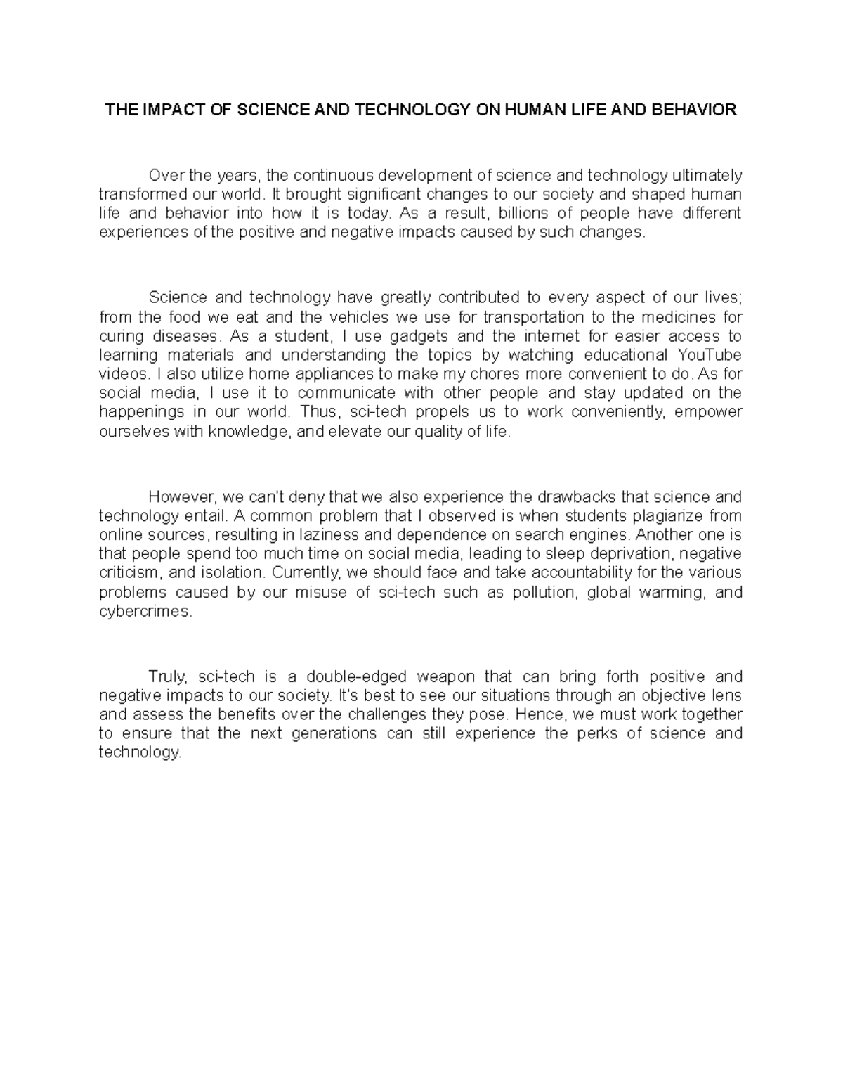 THE Impact OF Science AND Technology ON Human LIFE AND Behavior - THE ...