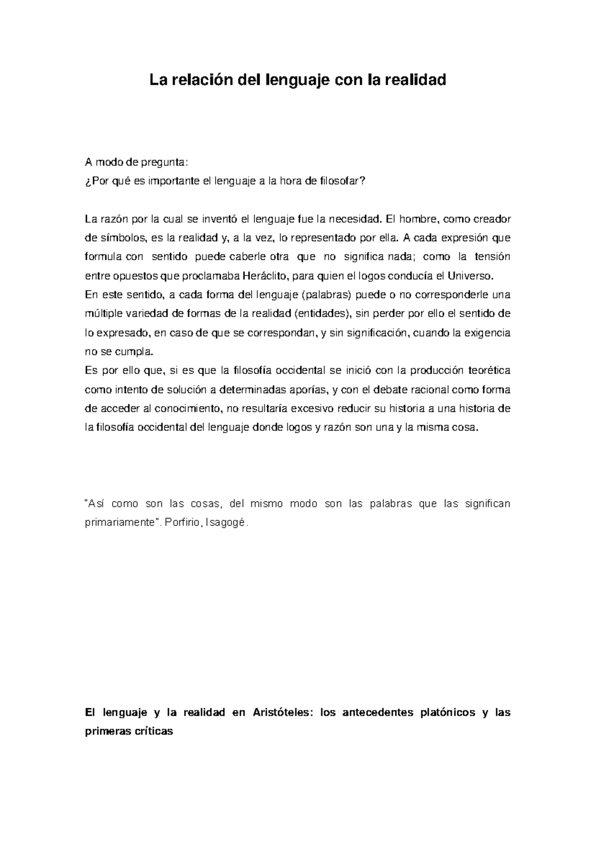 La relacion del lenguaje con la realidad - El hombre, como creador de ...