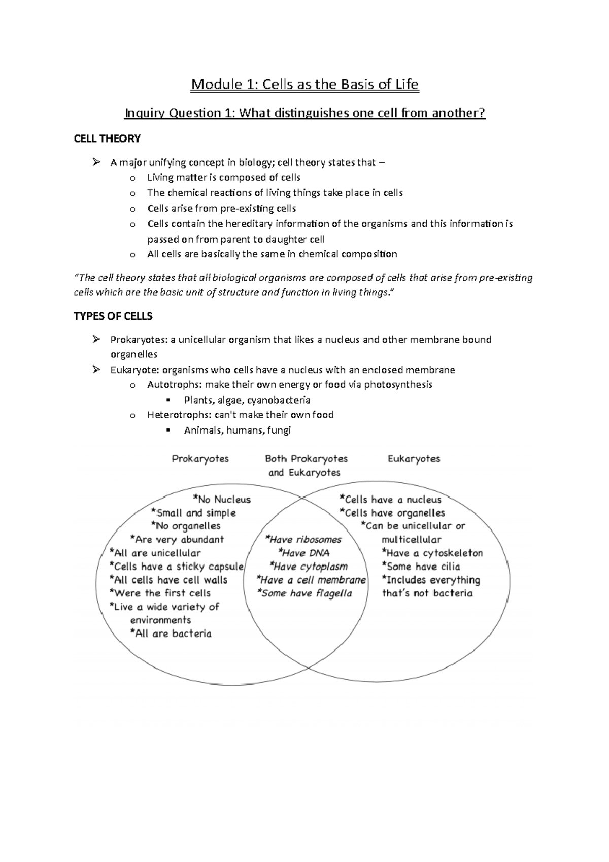 Bio Yr 11 Module 1 Notes - Module 1: Cells as the Basis of Life Inquiry ...