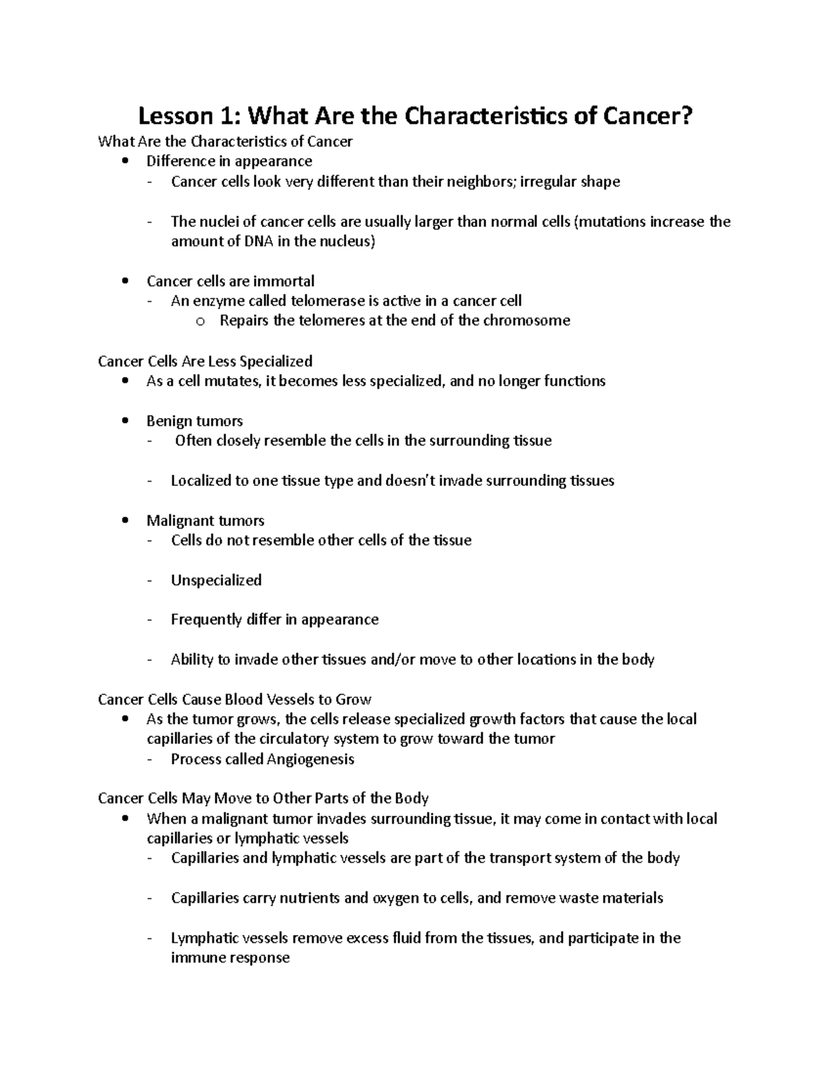 Lesson 1 What Are the Characteristics of Cancer - Studocu