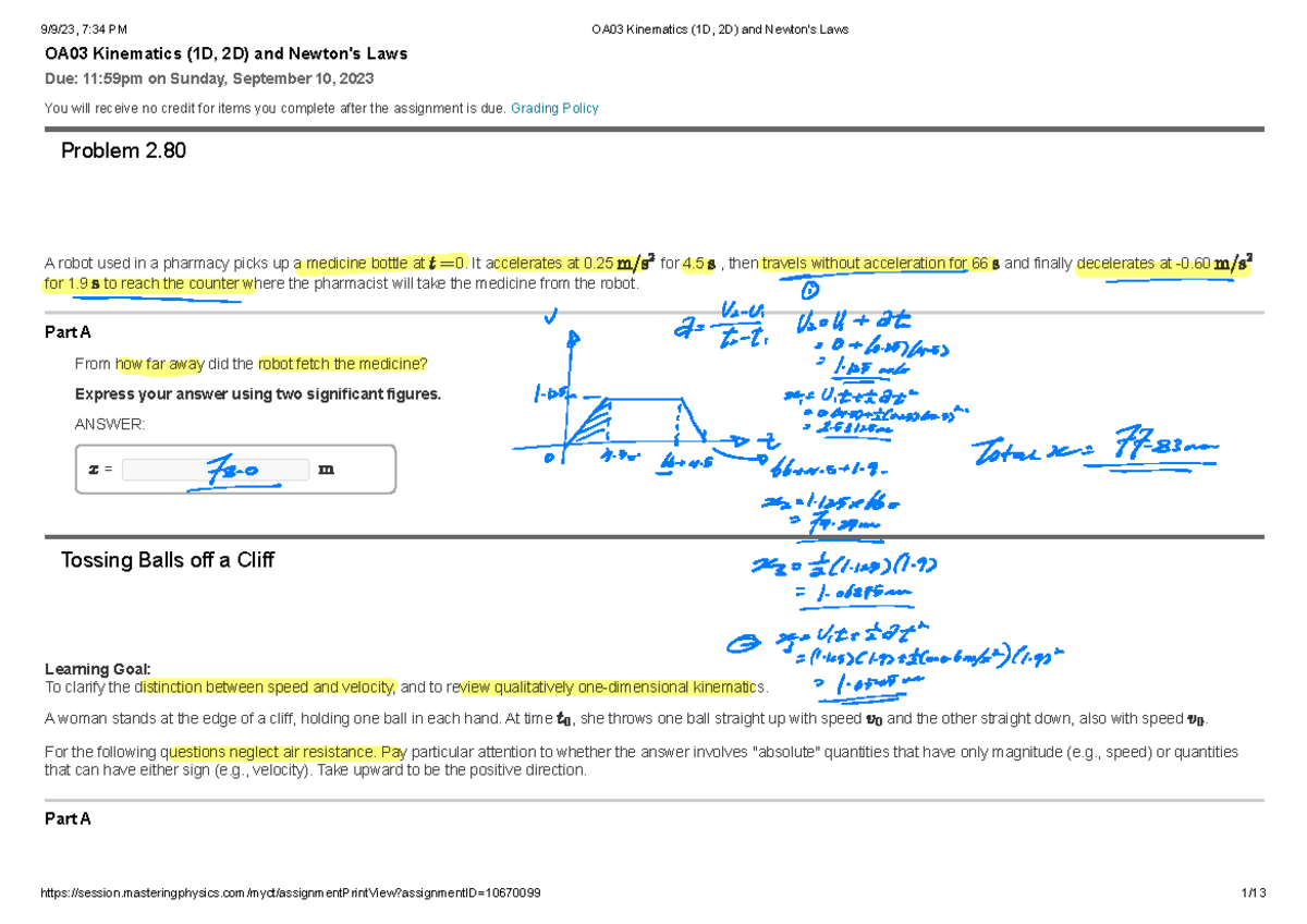OA03 Kinematics (1D, 2D) and Newton's Laws - Grading Policy Problem 2 ...
