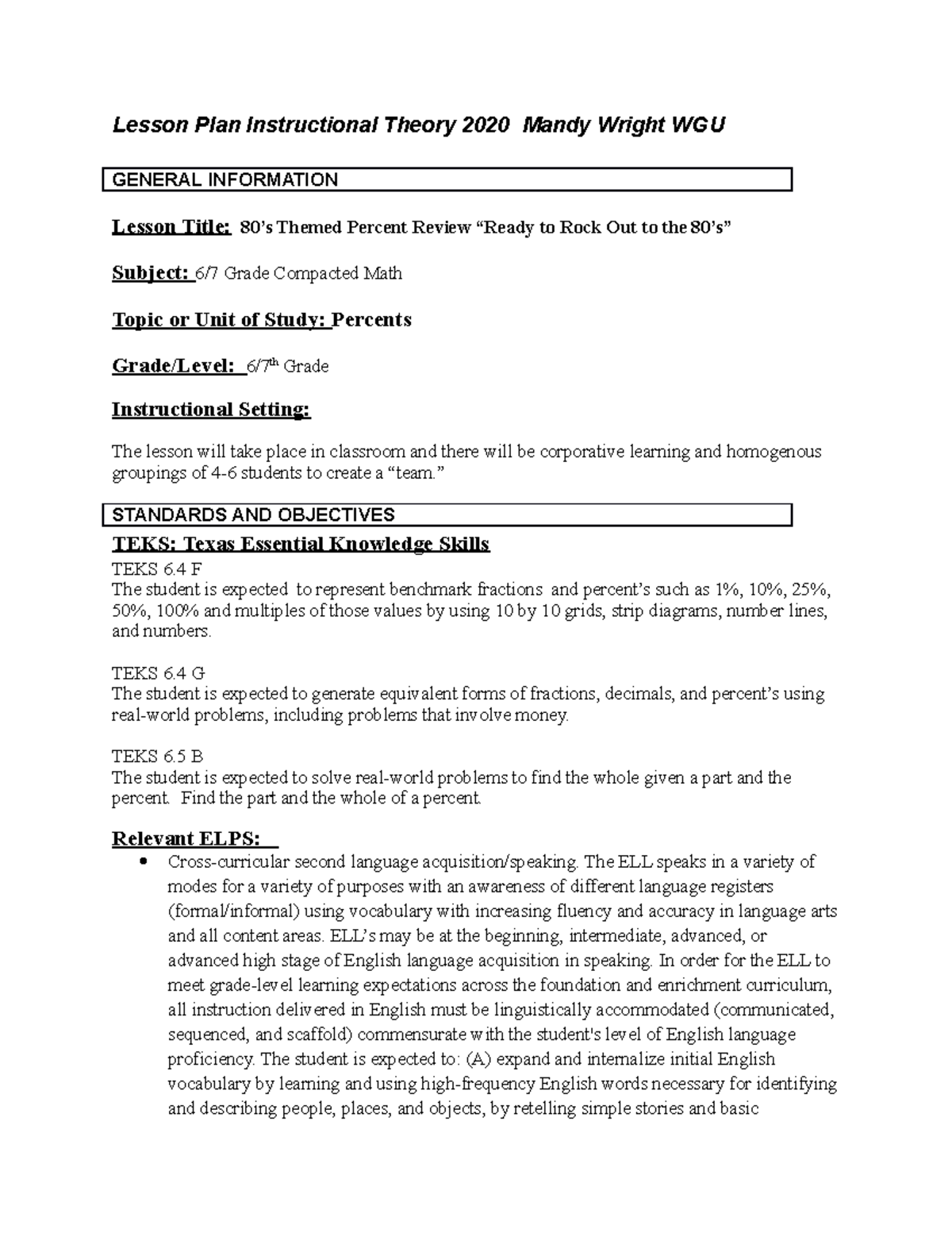 Lesson Plan Instructional Theory 2020 Mandy Wright WGU - ” STANDARDS ...