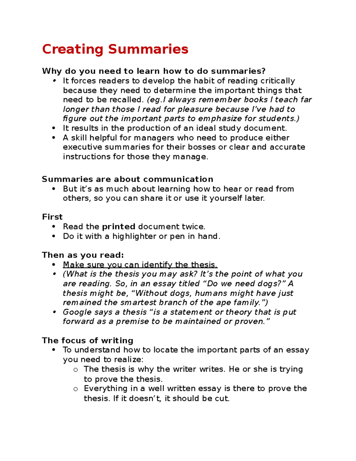 How to make a summary v1 - material - Creating Summaries Why do you ...