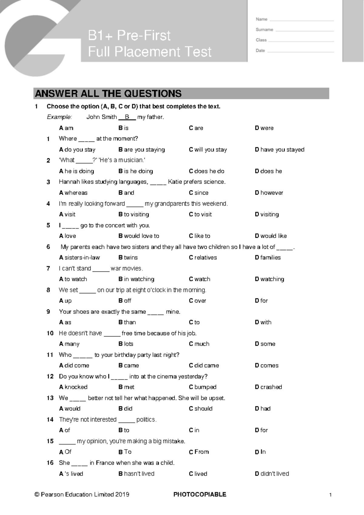Gold B1P Pre-First NE FPT - Full Placement Test ANSWER ALL THE ...