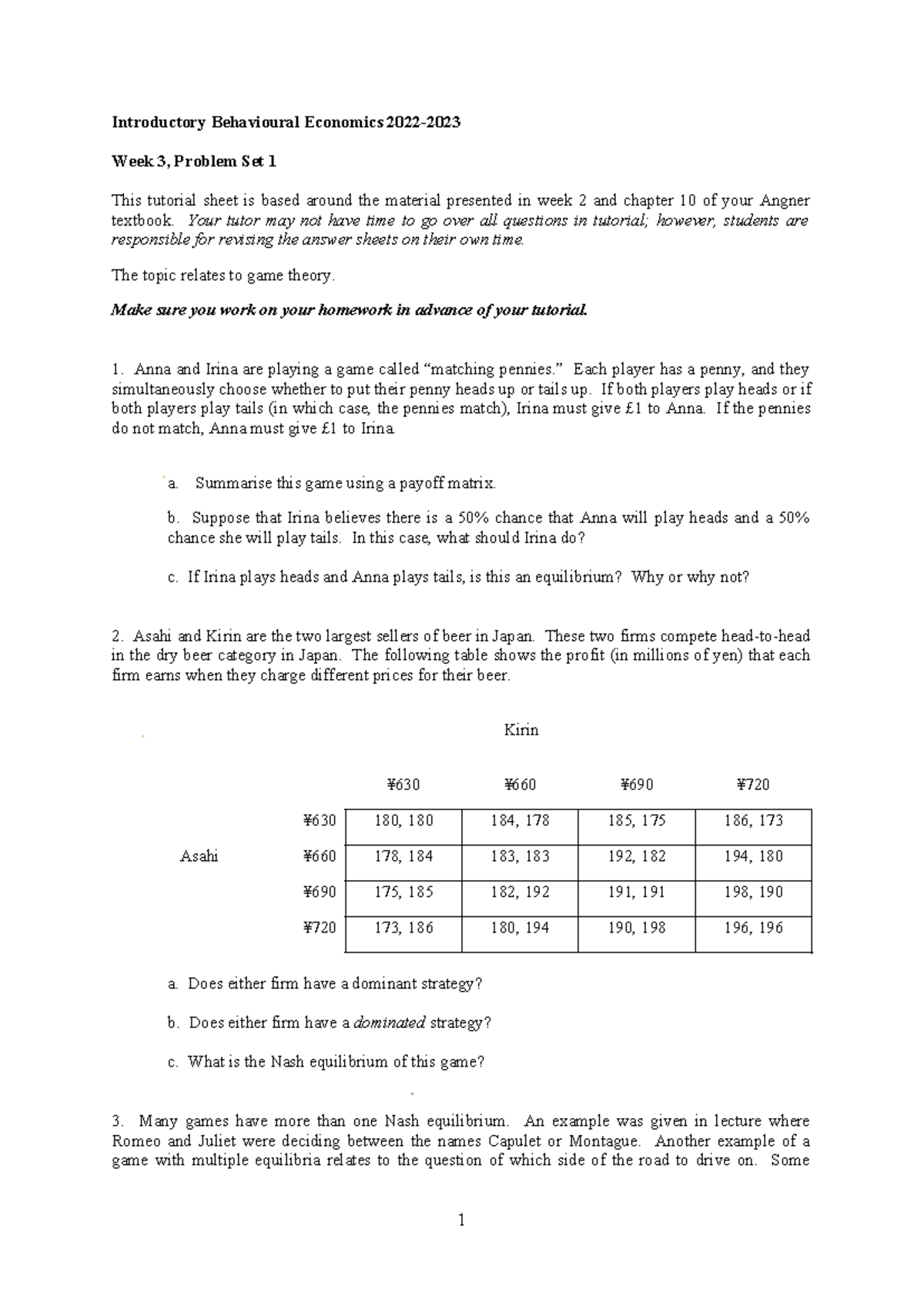 Tutorial 2 Week 3 - BE week 3 answers - Introductory Behavioural Economics 2022- Week 3, Problem ...
