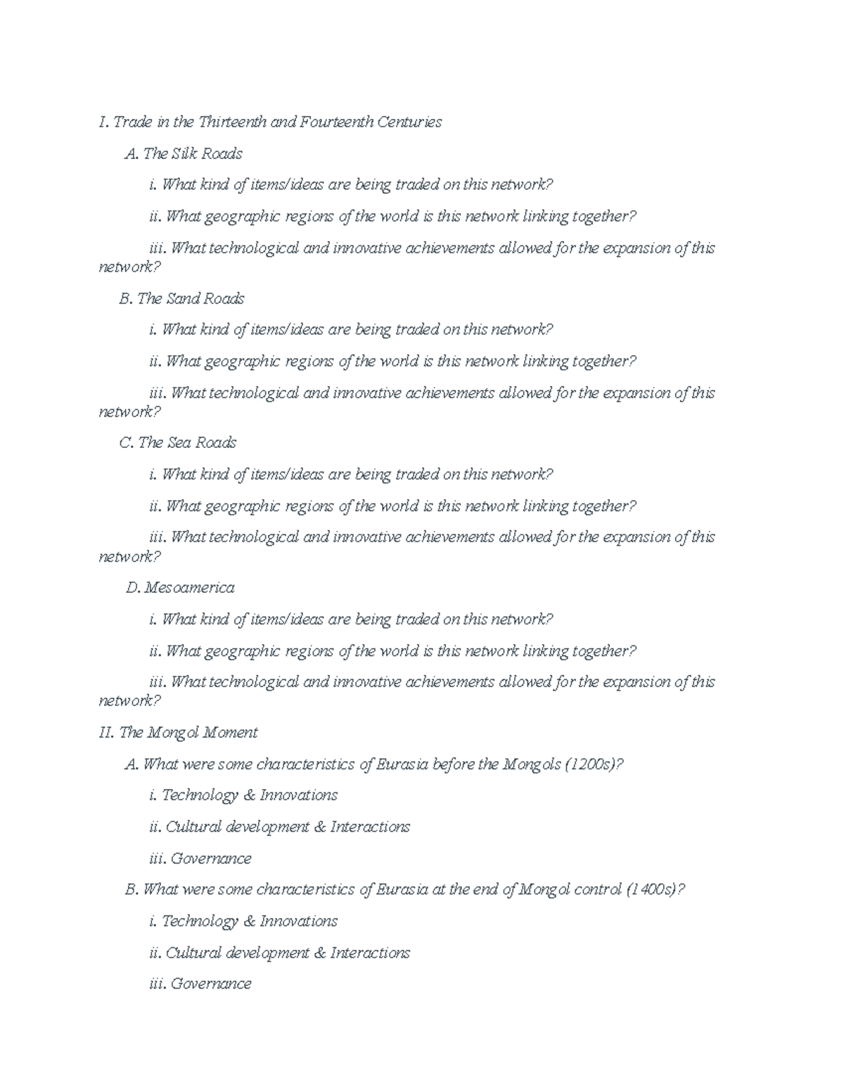 Exam Two Study Guide - I. Trade in the Thirteenth and Fourteenth ...