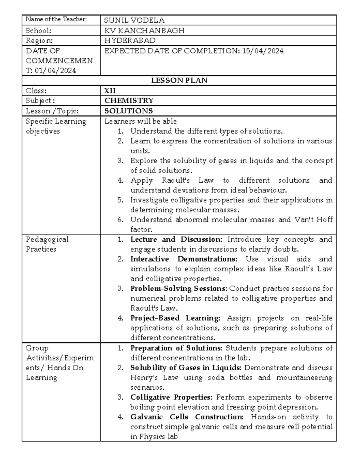 Solutions - lesson plan - Name of the Teacher: SUNIL VODELA School: KV ...