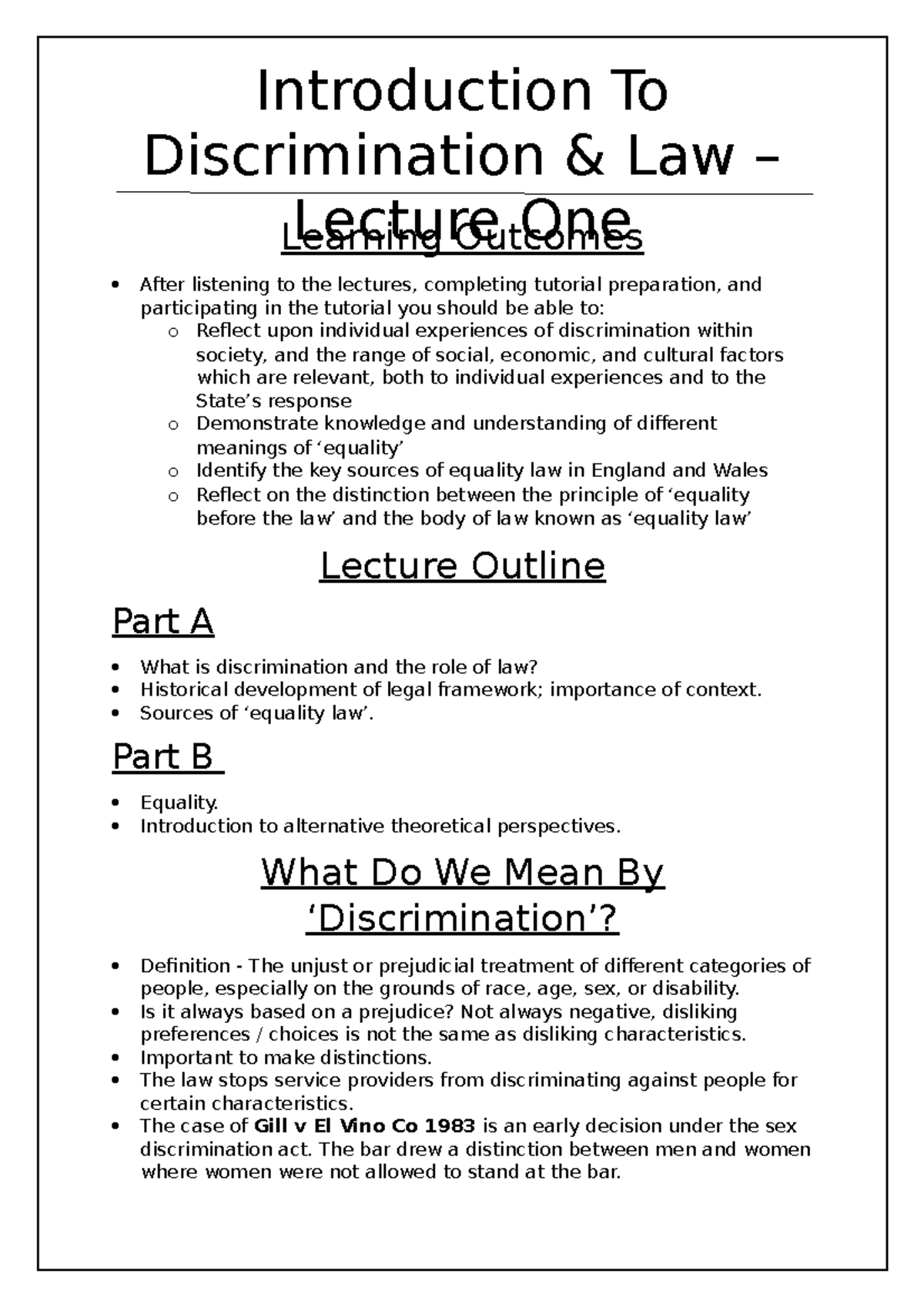 Discrimination & Law Lecture One - Learning Outcomes After listening to ...