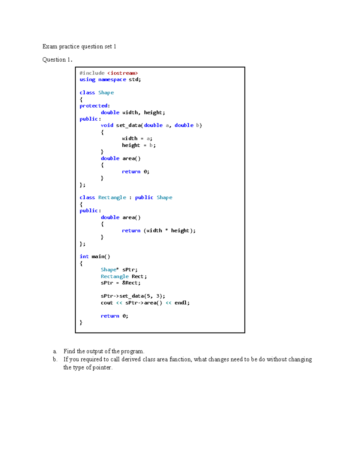 Tutorial Exam preparation 1 - Exam practice question set 1 Question 1 ...