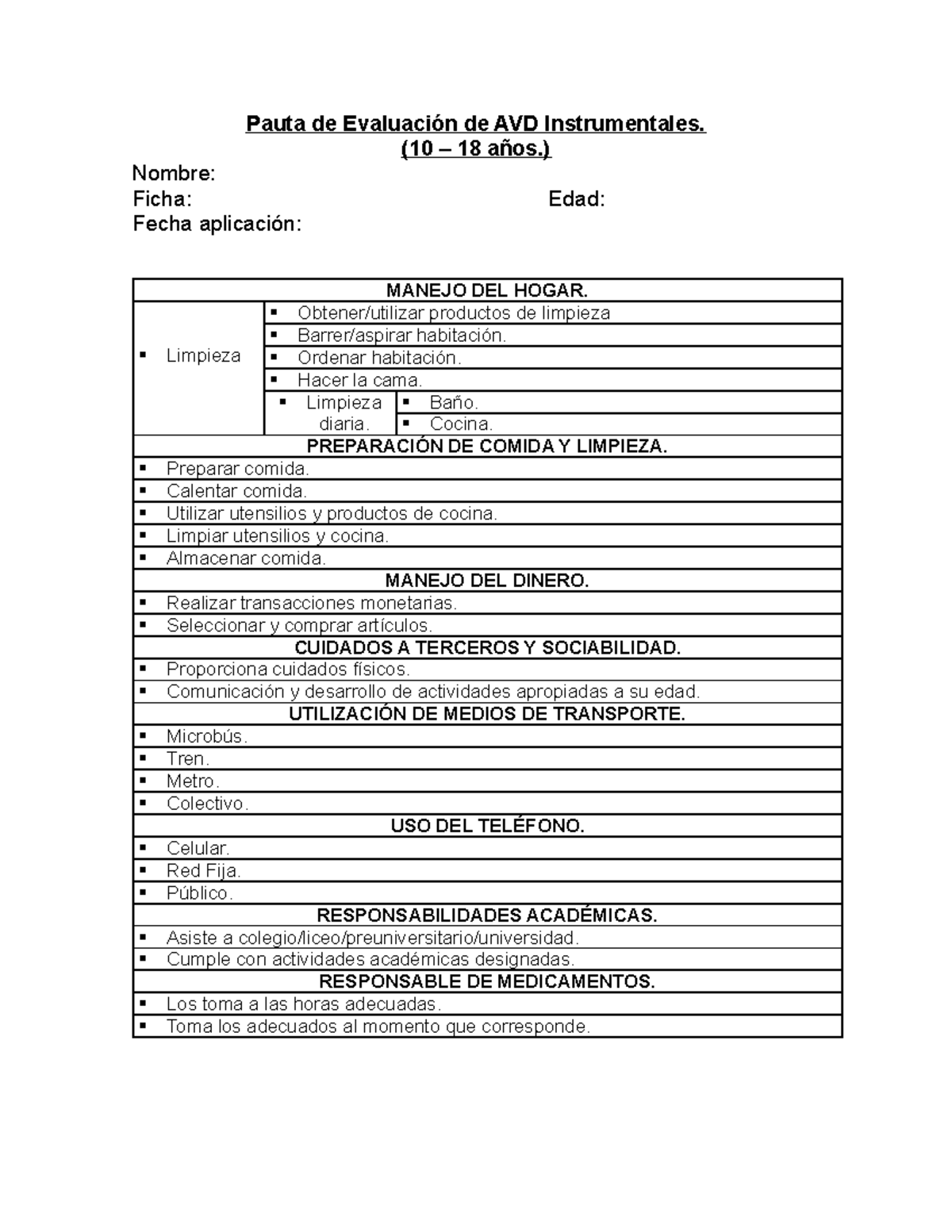 AVD Instrumentales-10 a 18 años - Pauta de Evaluación de AVD ...