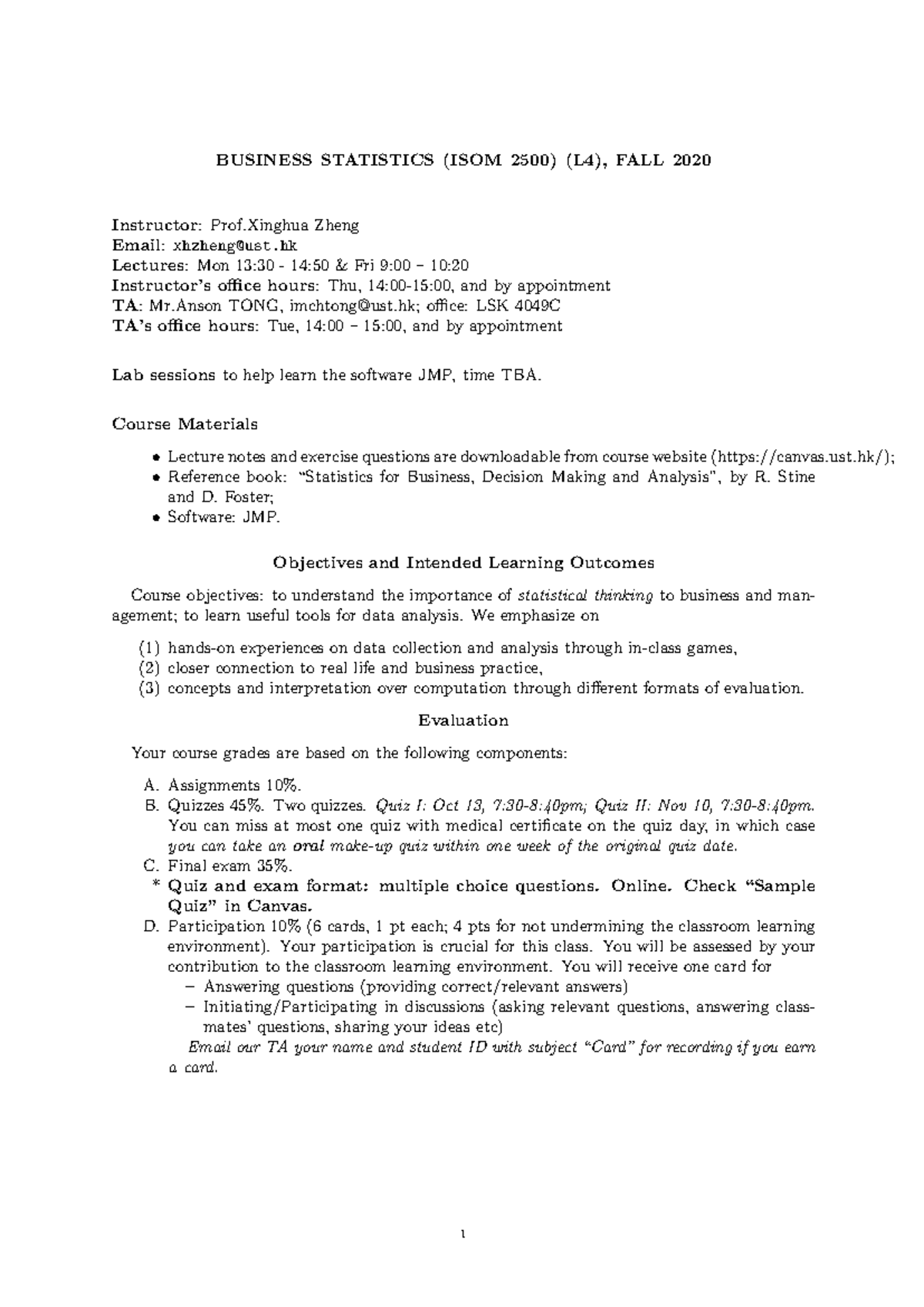 ISOM2500 L4 Fall 2020 21 2 - BUSINESS STATISTICS (ISOM 2500) (L4), FALL ...